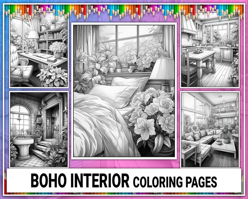 40 Boho Interior Design Coloring Pages. Cozy Room Interior Coloring ...