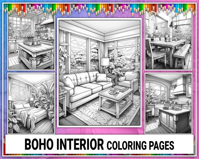 40 Boho Interior Design Coloring Pages. Cozy Room Interior Coloring ...