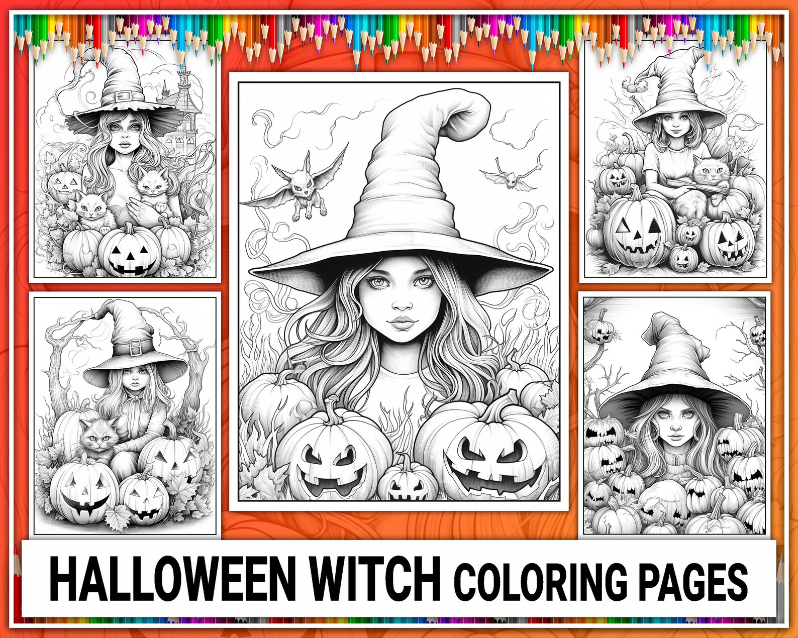 40 Halloween Witch Coloring Pages. Magical Gothic Witches & Cats ...