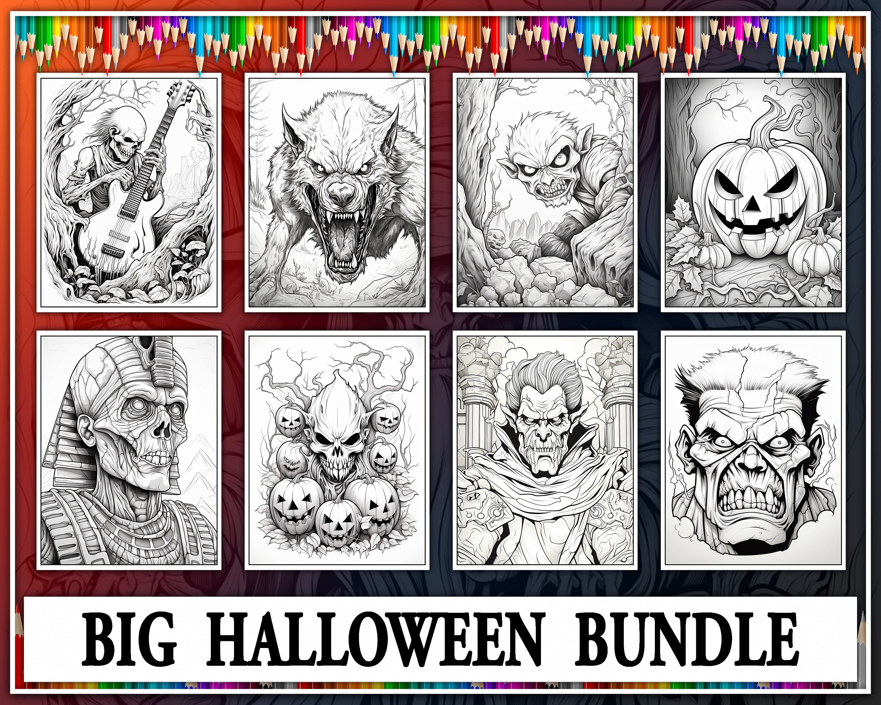 Big Halloween Monster Bundle Coloring Book. High-quality Grayscale ...