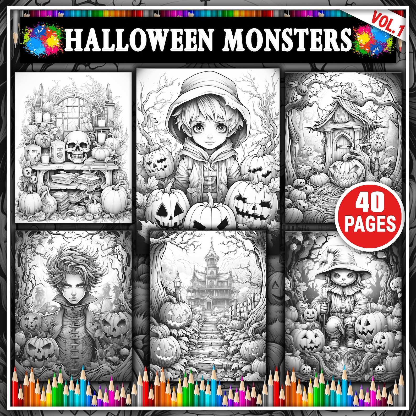 Halloween Monster Coloring Pages. Grayscale Halloween Coloring - Etsy