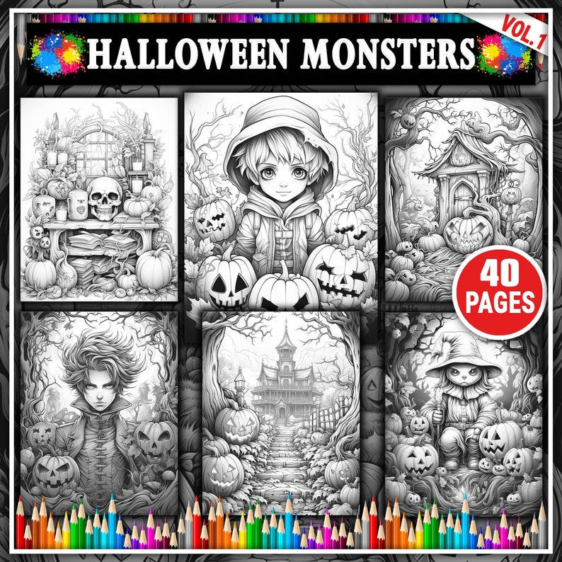 Halloween Monster Coloring Pages. Grayscale Halloween Coloring Sheets ...