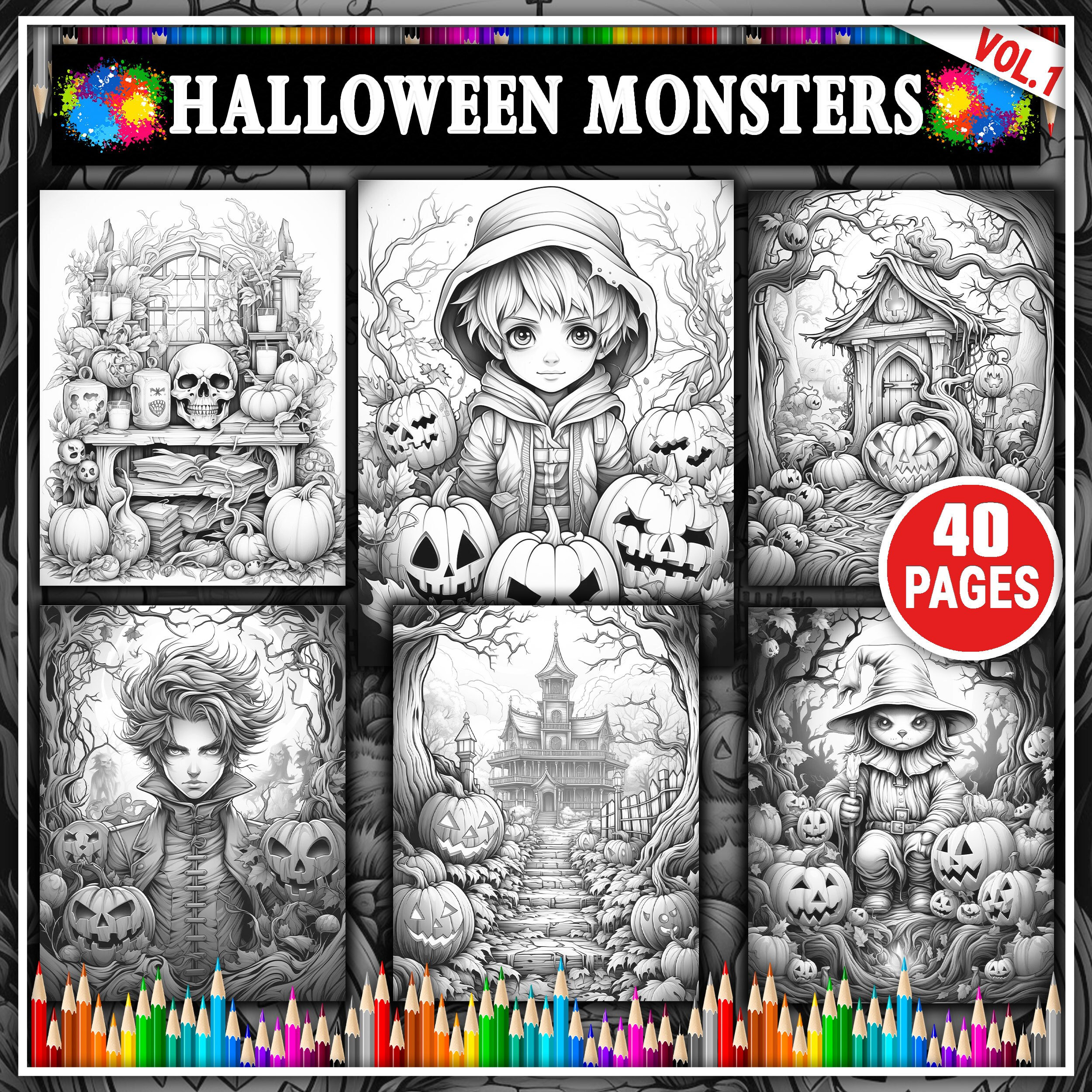 Halloween Monster Coloring Pages. Grayscale Halloween Coloring Sheets ...