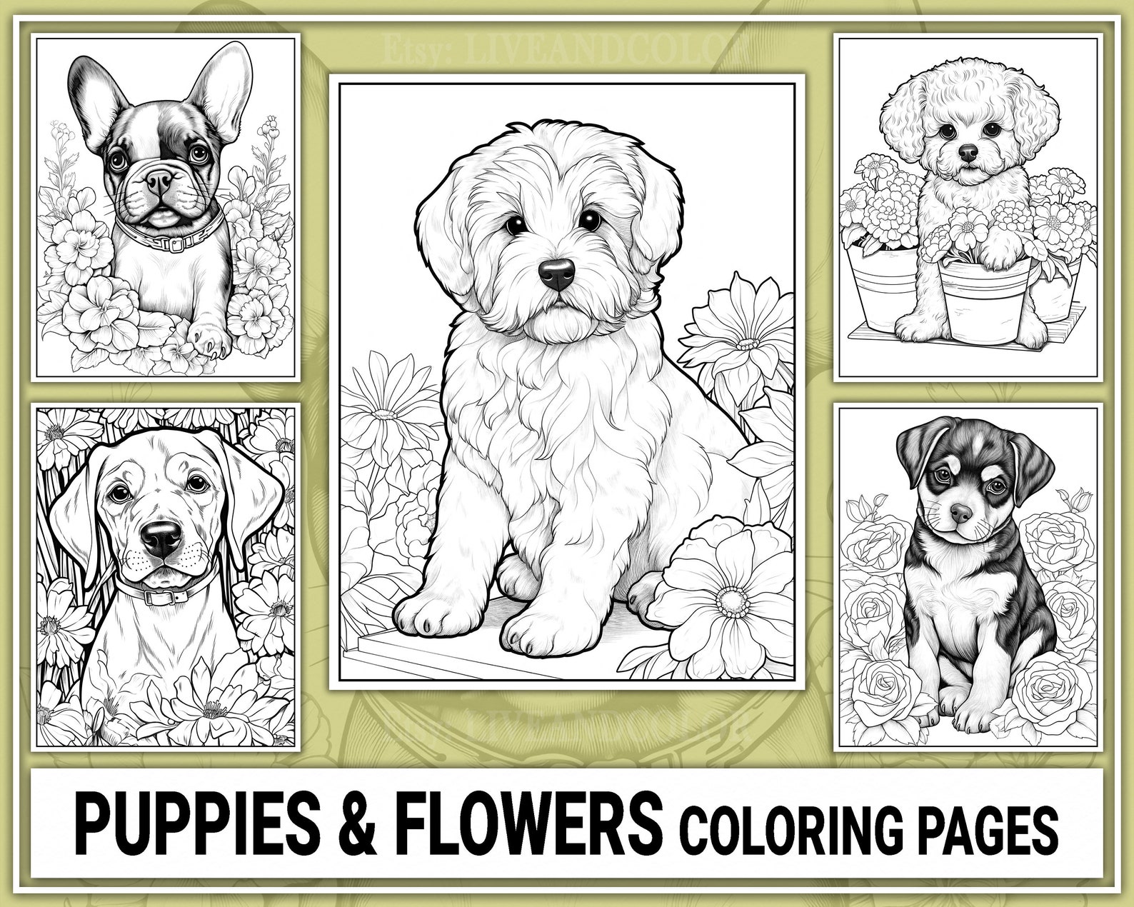 40 Cute Puppies & Flowers Coloring Book Vol.3 Coloring Pages for Kids ...