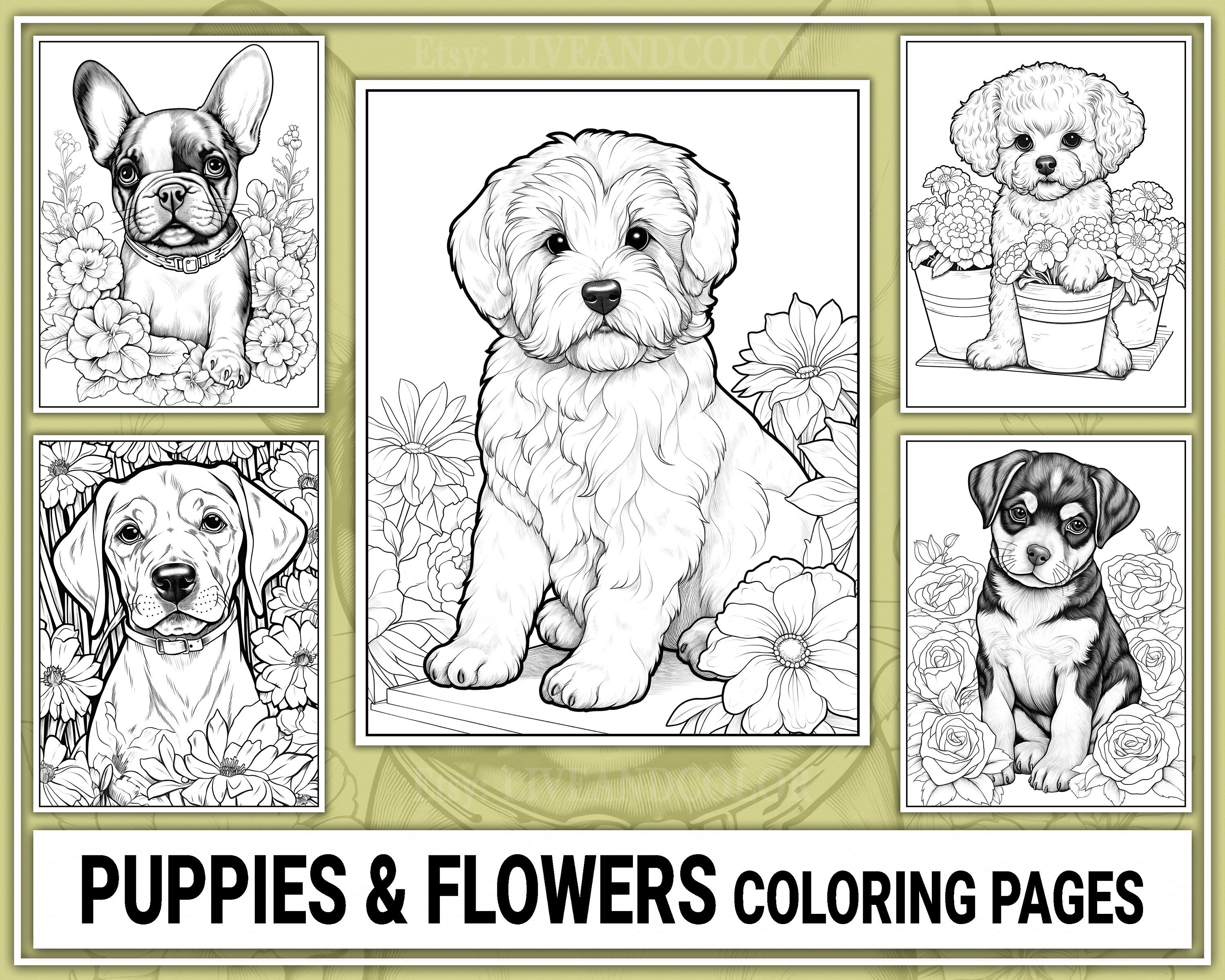 40 Cute Puppies & Flowers Coloring Book Vol.3 Coloring Pages for Kids ...