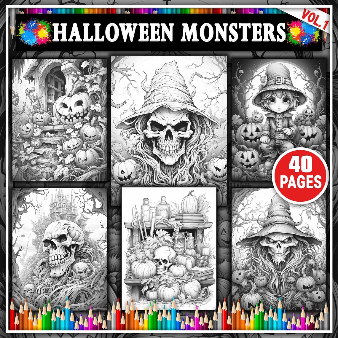 Halloween Monster Coloring Pages. Grayscale Halloween Coloring - Etsy