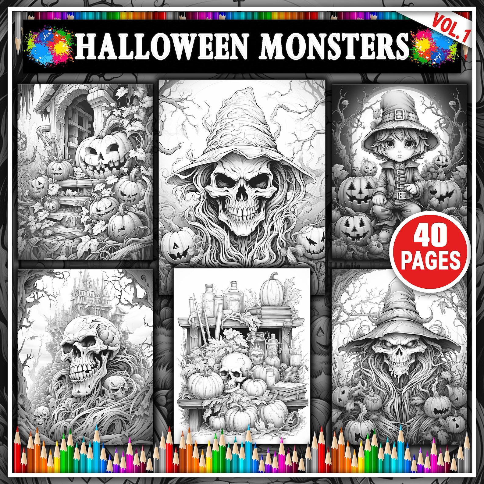 Halloween Monster Coloring Pages. Grayscale Halloween Coloring - Etsy