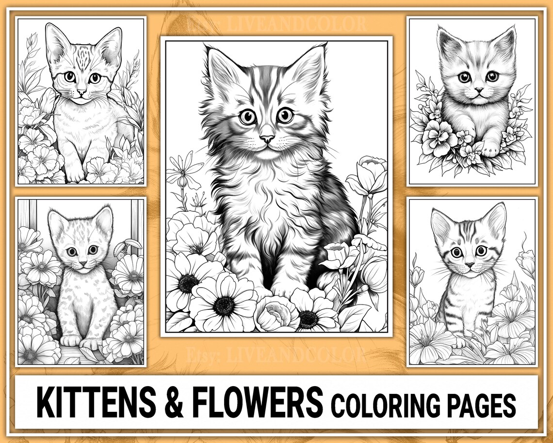 40 Cute Kittens & Flowers Coloring Book Vol.1 Coloring Pages - Etsy