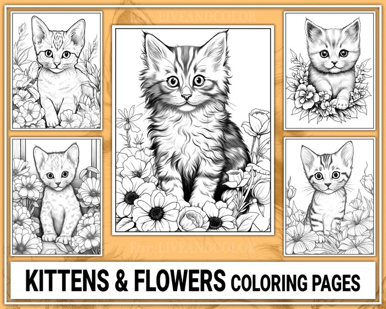 40 Cute Kittens & Flowers Coloring Book Vol.1 Coloring Pages - Etsy