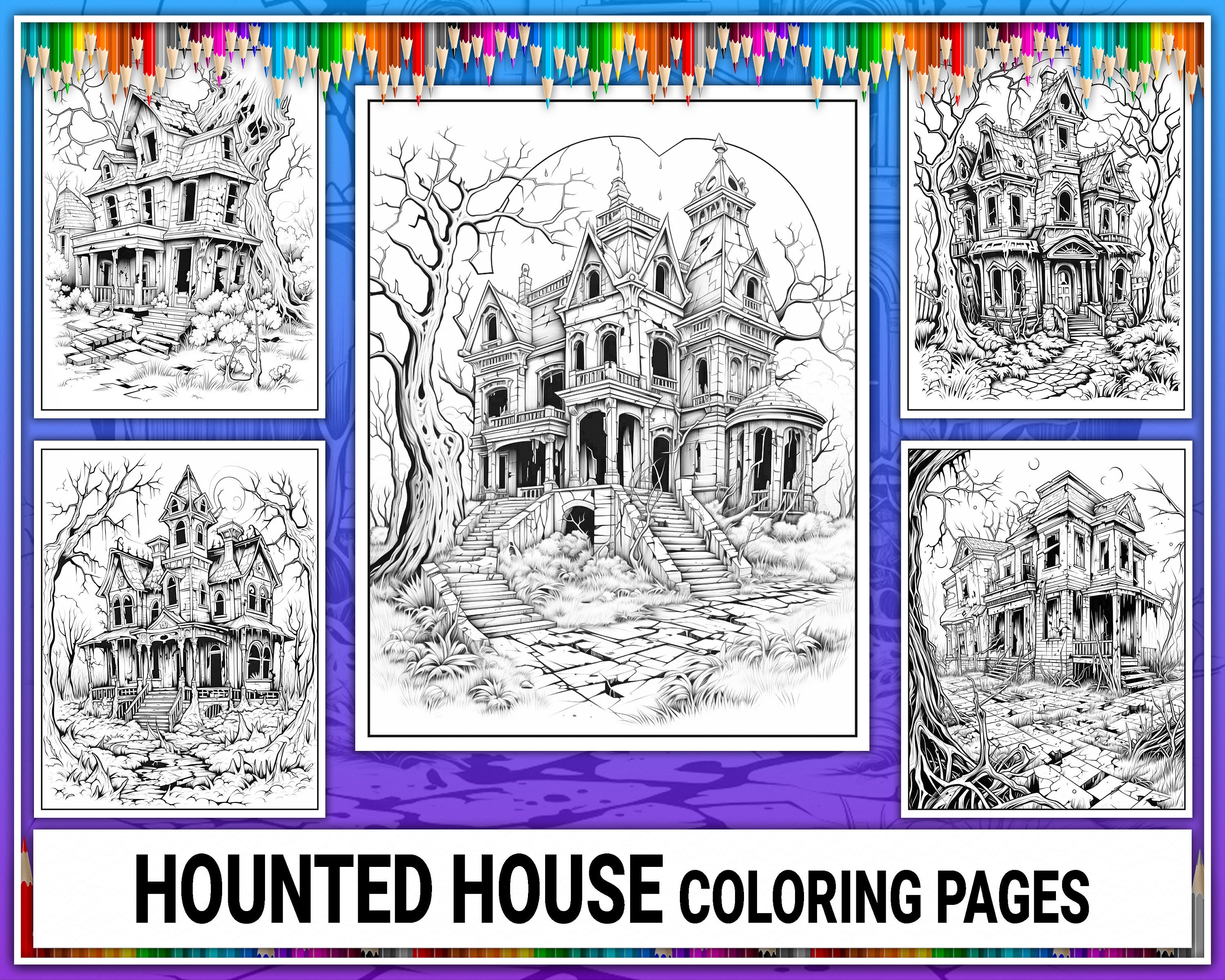 40 Haunted Houses Coloring Pages, Printable Spook House Coloring Book ...