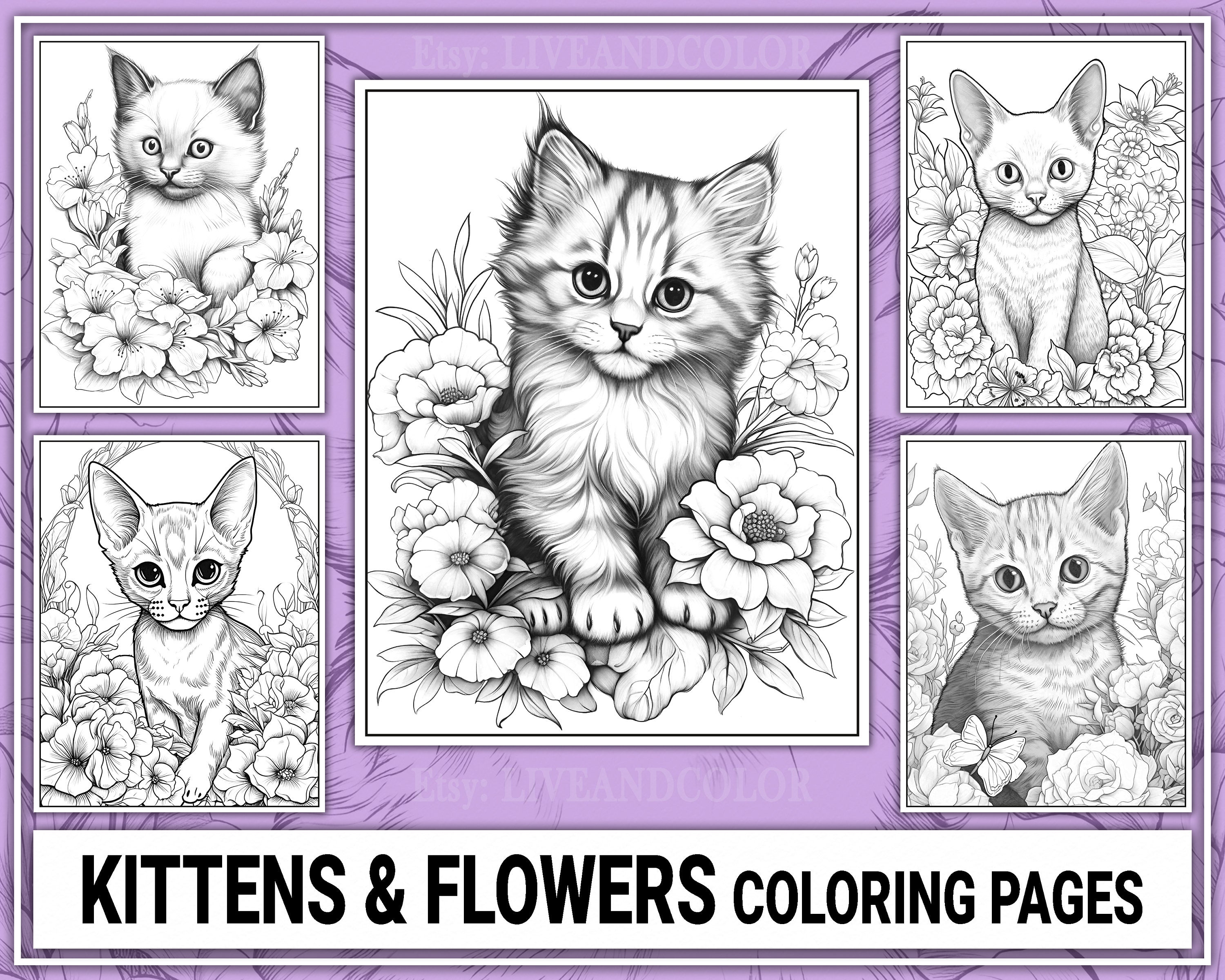 40 Cute Kittens & Flowers Coloring Book Vol.2 Coloring Pages for Kids ...
