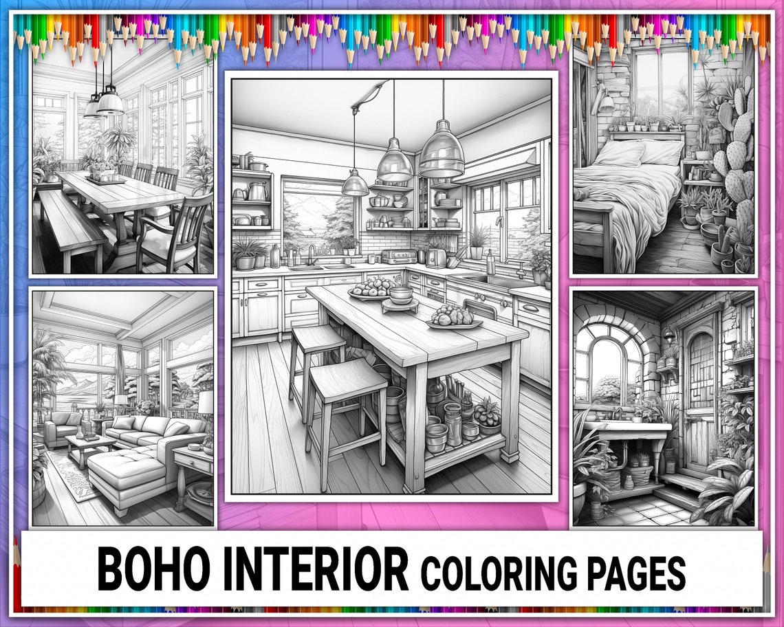 40 Boho Interior Design Coloring Pages. Cozy Room Interior Coloring ...