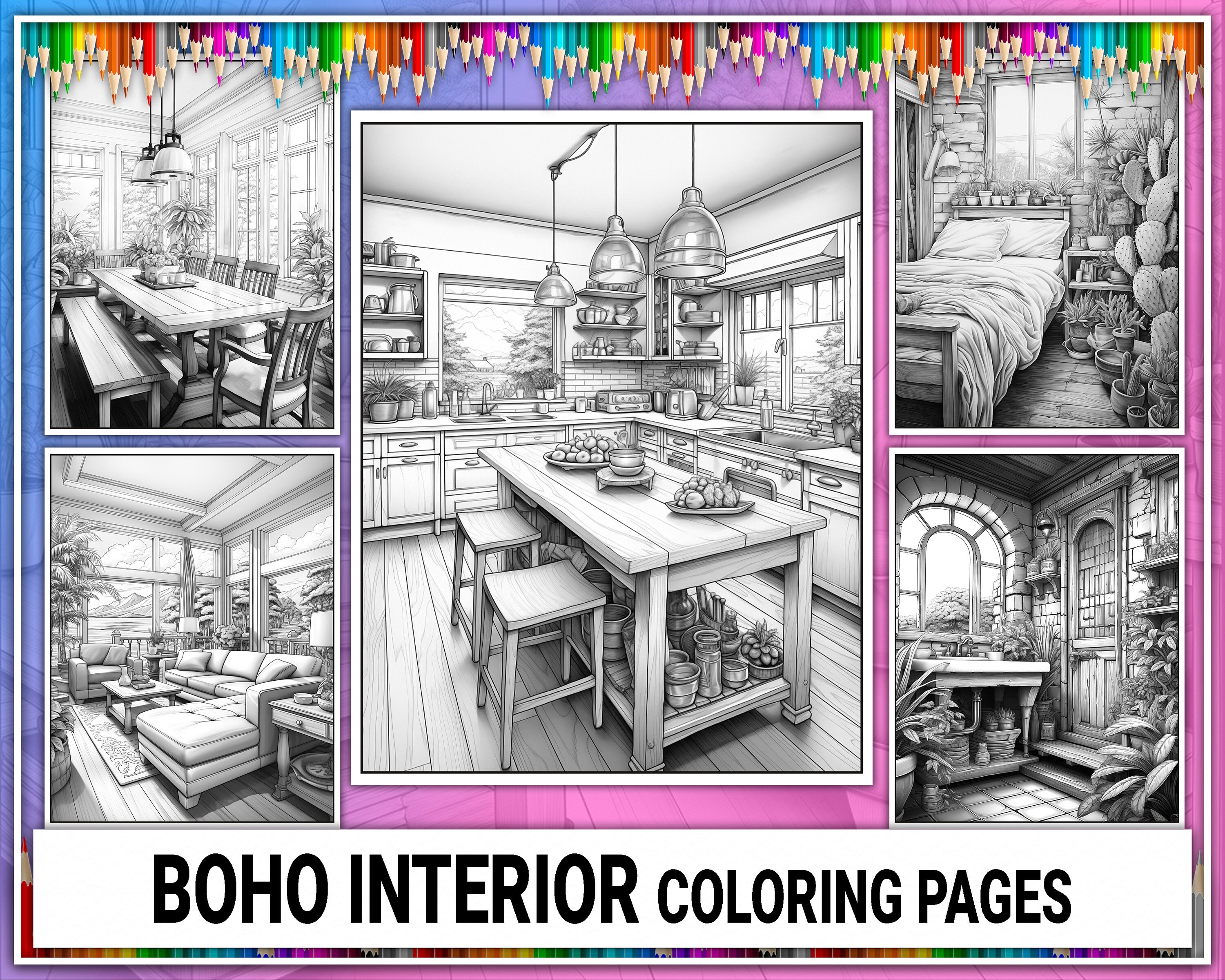 40 Boho Interior Design Coloring Pages. Cozy Room Interior Coloring ...