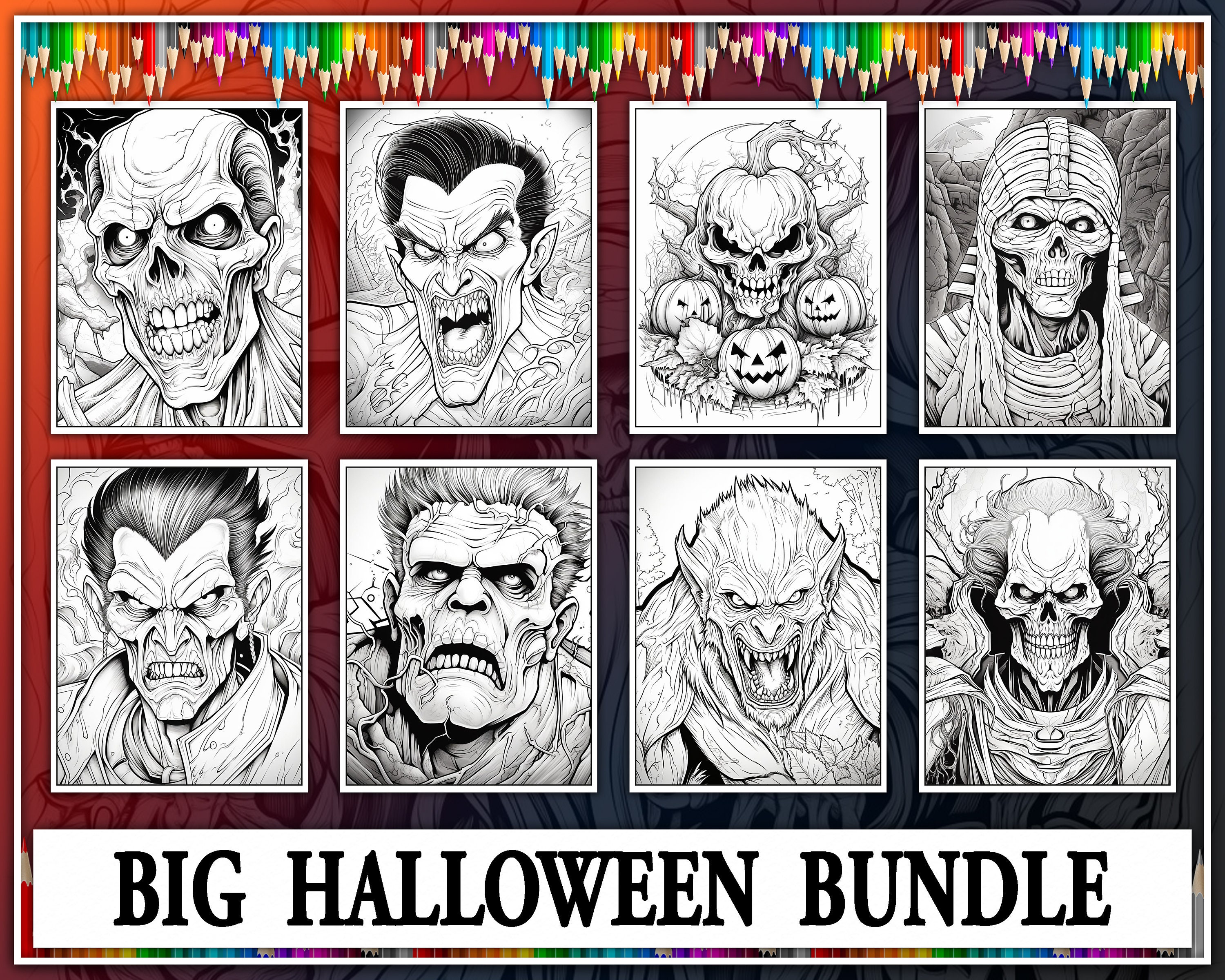 Big Halloween Monster Bundle Coloring Book. High-quality Grayscale ...