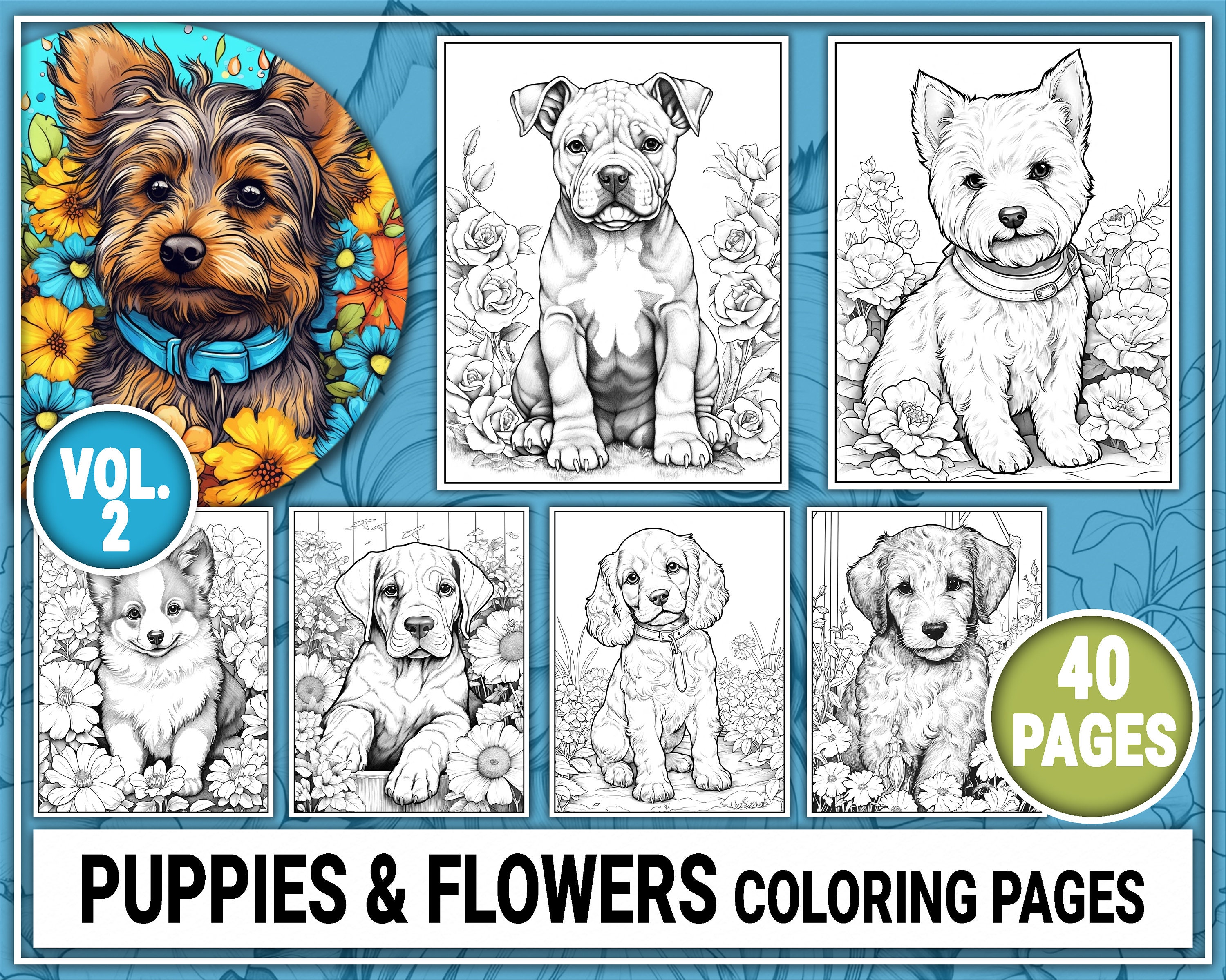 40 Cute Puppies & Flowers Coloring Book Vol.2 Coloring Pages for Kids ...