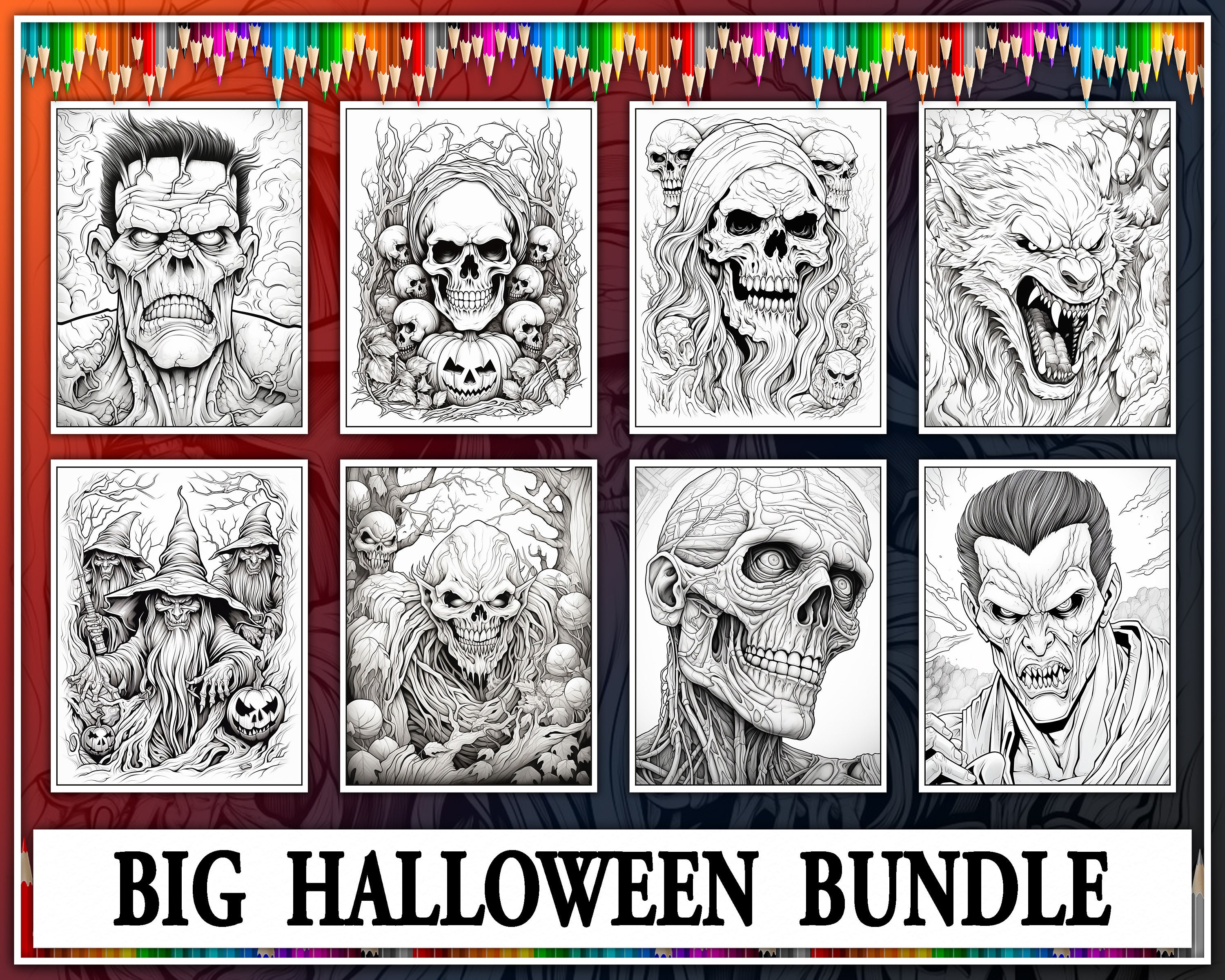 Big Halloween Monster Bundle Coloring Book. High-quality Grayscale ...