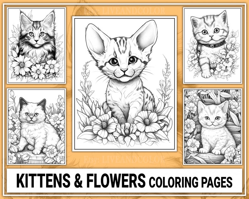 40 Cute Kittens & Flowers Coloring Book Vol.1 Coloring Pages - Etsy