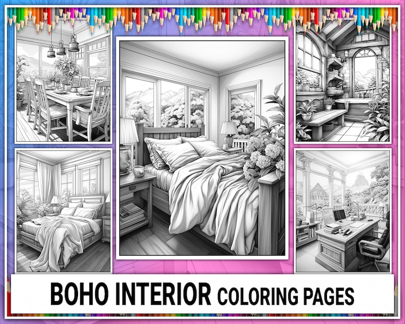 40 Boho Interior Design Coloring Pages. Cozy Room Interior Coloring ...