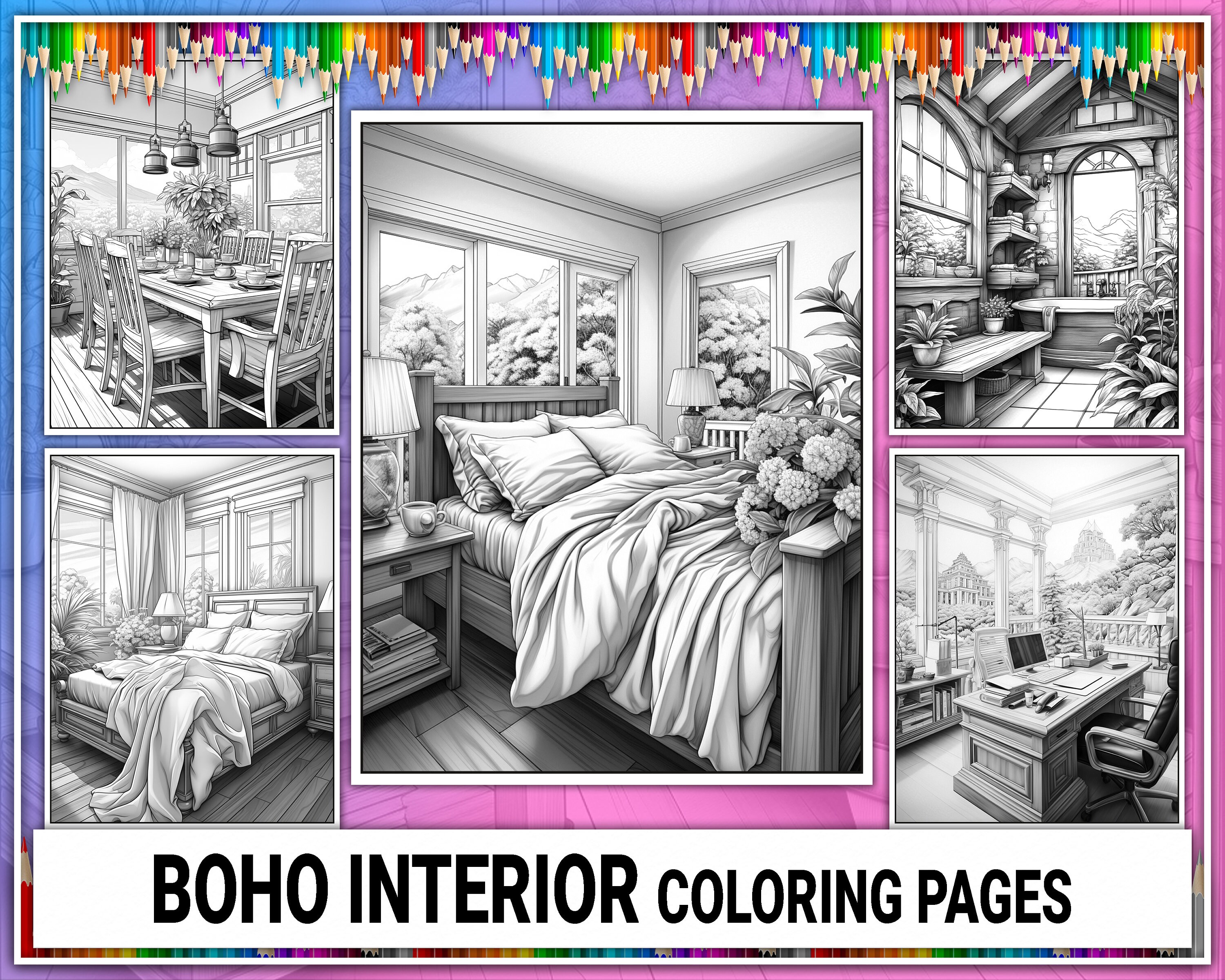 40 Boho Interior Design Coloring Pages. Cozy Room Interior Coloring ...