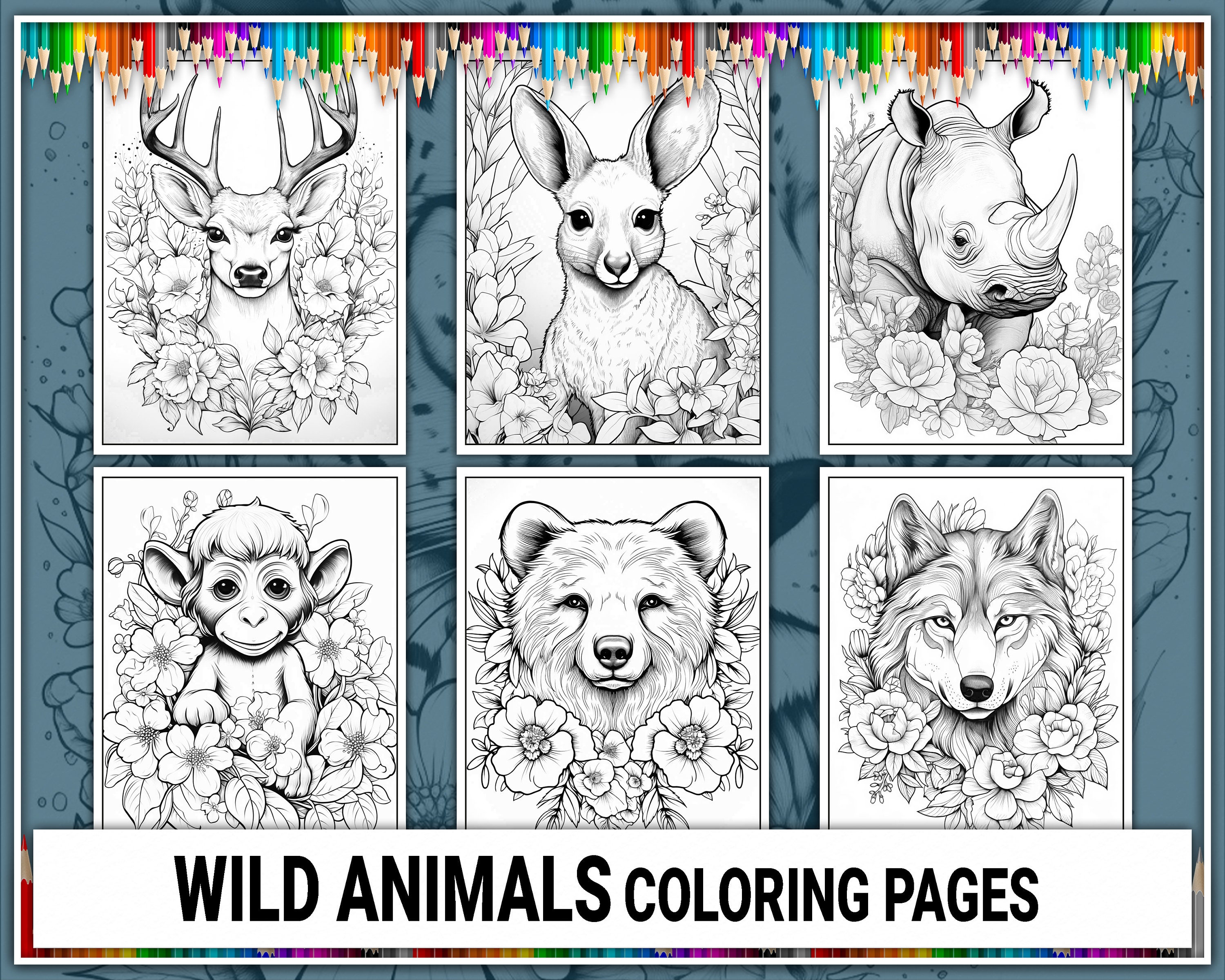 50 Wild Animals & Flowers Coloring Pages. Wild Animals Coloring Book ...