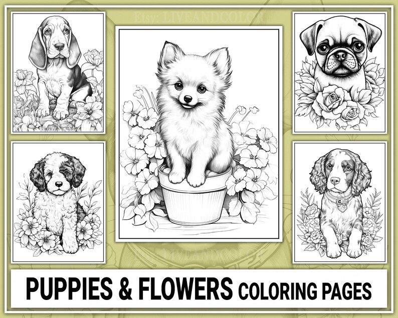 40 Cute Puppies & Flowers Coloring Book Vol.3 Coloring Pages for Kids ...