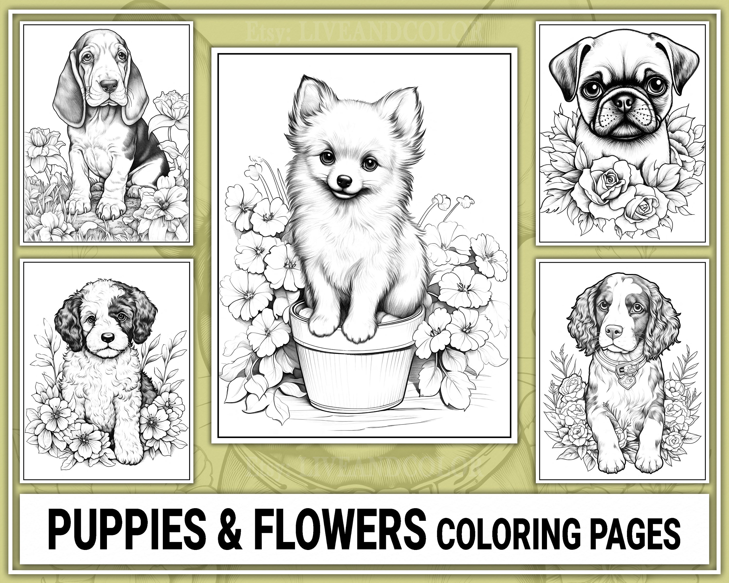 40 Cute Puppies & Flowers Coloring Book Vol.3 Coloring Pages for Kids ...