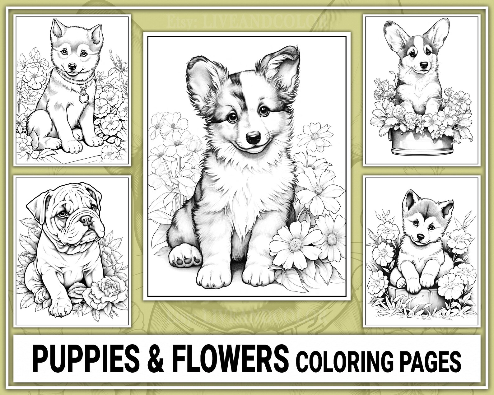 40 Cute Puppies & Flowers Coloring Book Vol.3 Coloring Pages for Kids ...