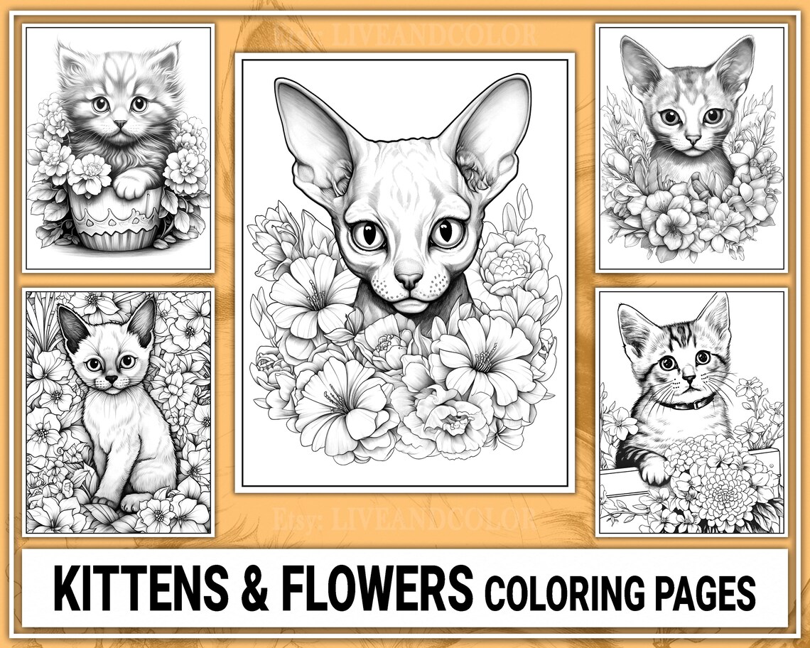 40 Cute Kittens & Flowers Coloring Book Vol.1 Coloring Pages - Etsy