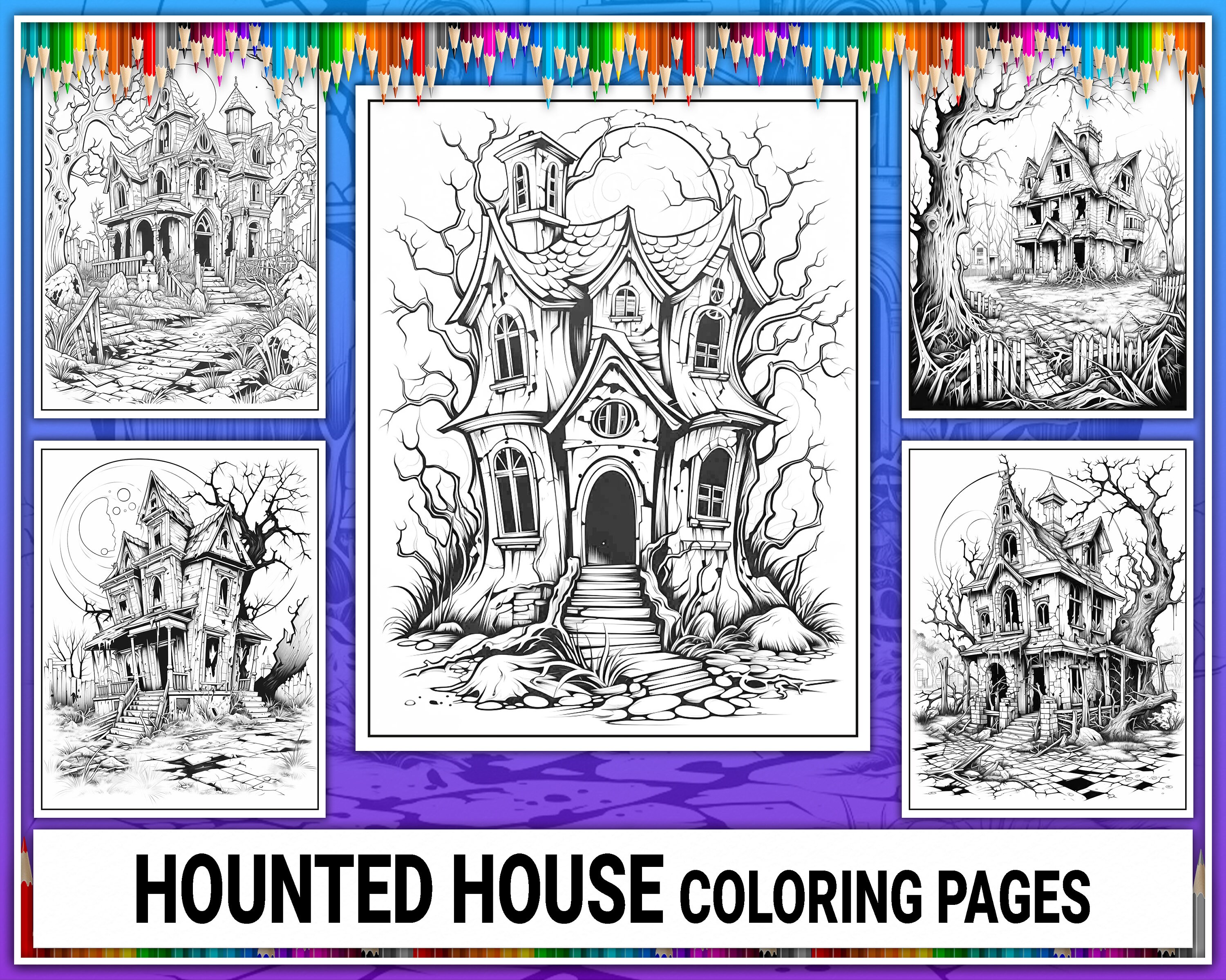 40 Haunted Houses Coloring Pages, Printable Spook House Coloring Book ...
