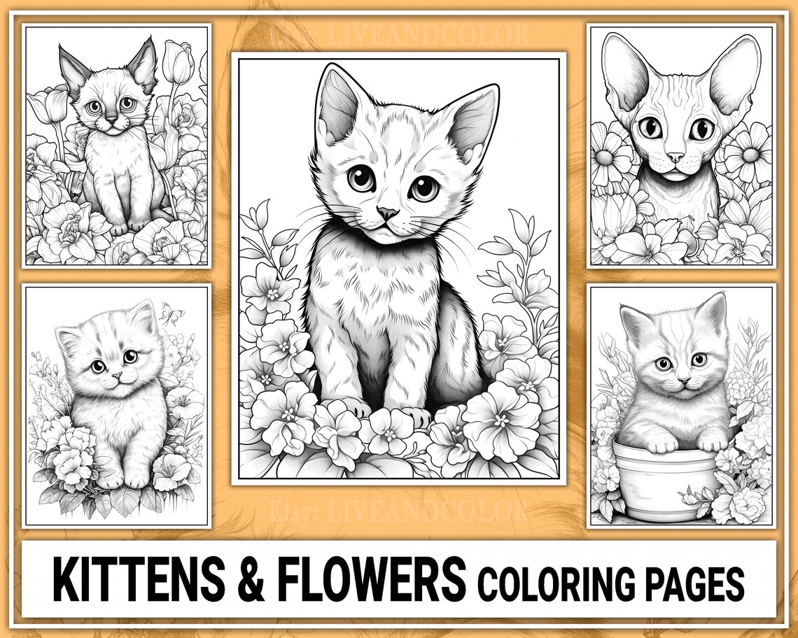 40 Cute Kittens & Flowers Coloring Book Vol.1 Coloring Pages - Etsy