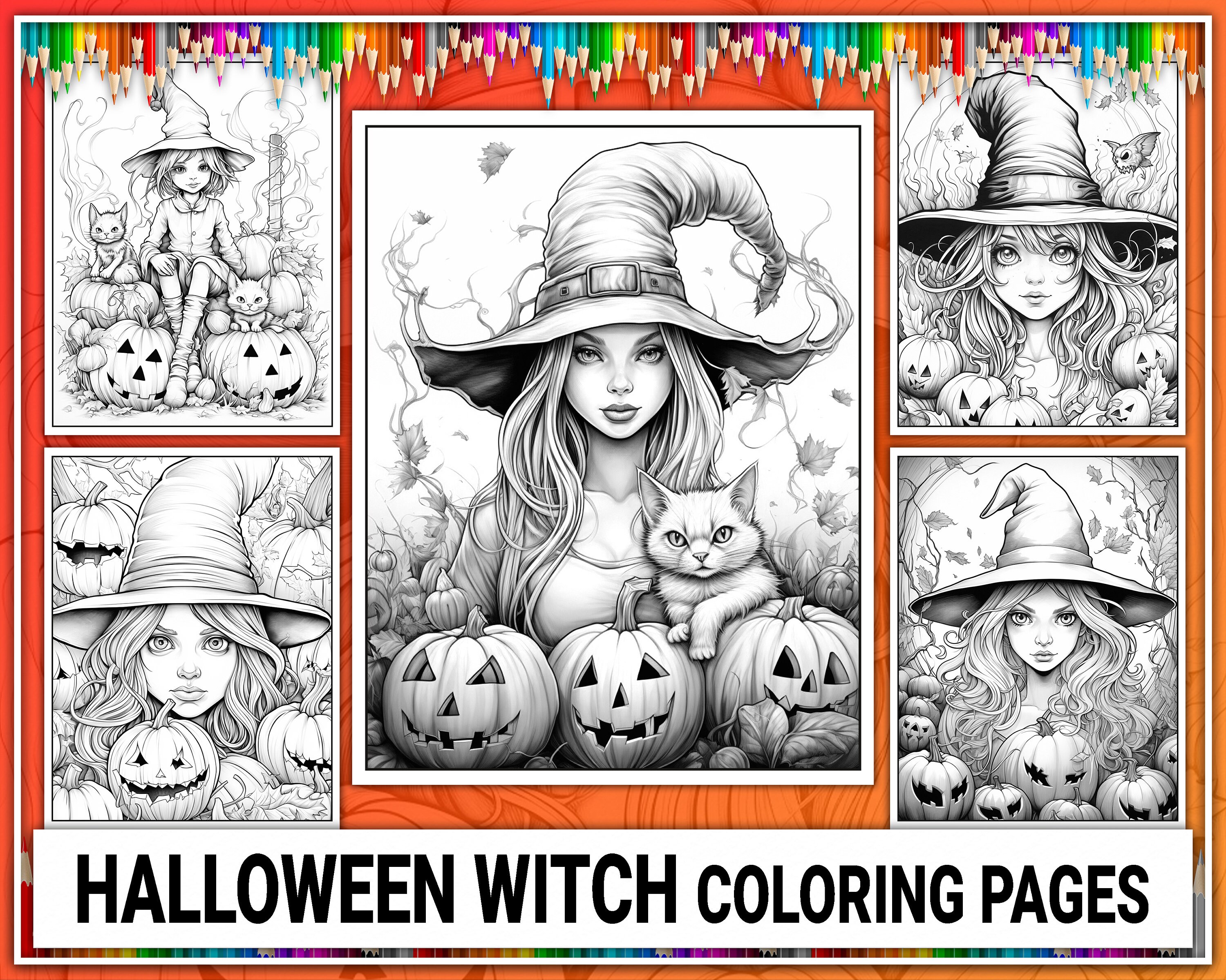 40 Halloween Witch Coloring Pages. Magical Gothic Witches & Cats ...