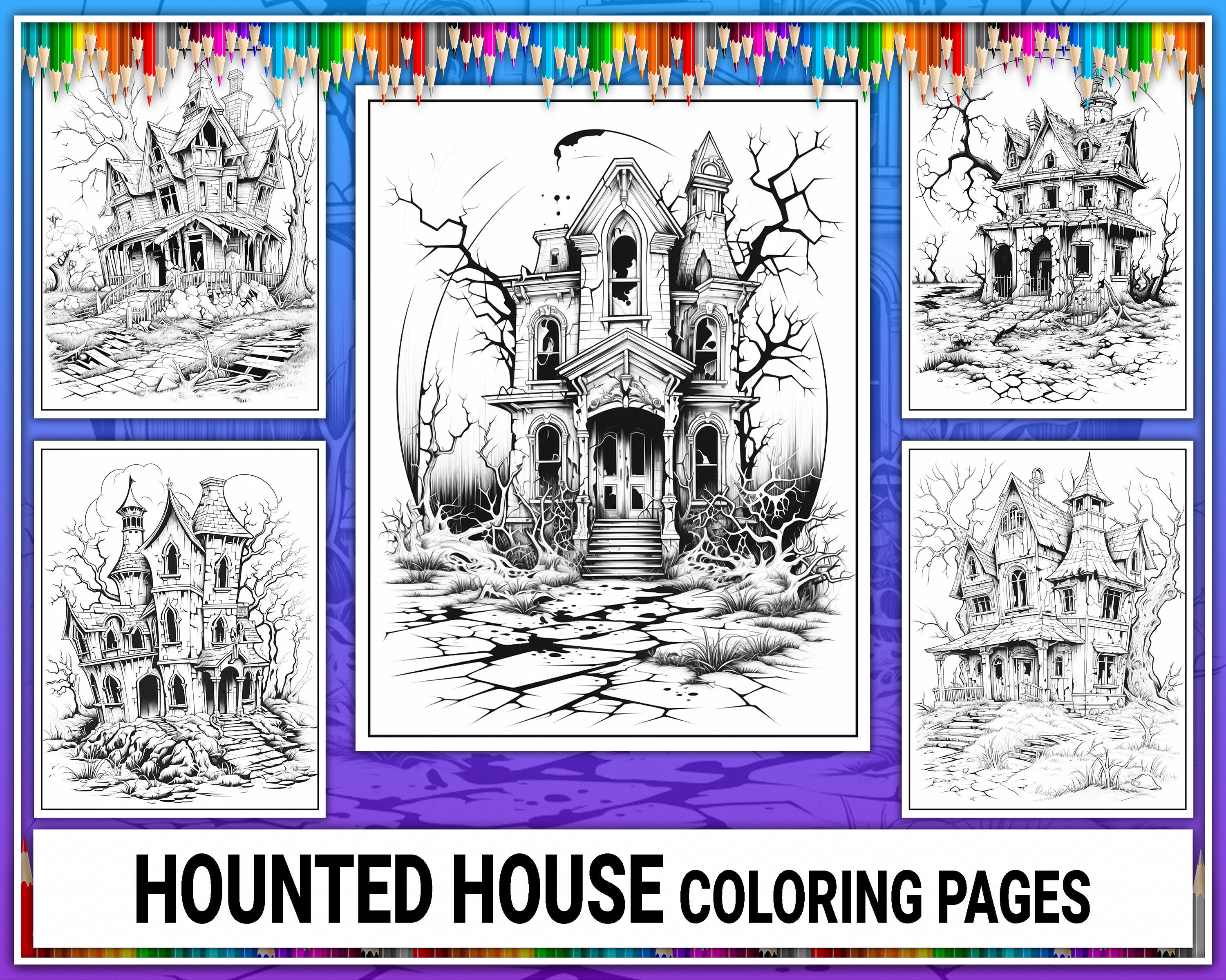 40 Haunted Houses Coloring Pages, Printable Spook House Coloring Book ...