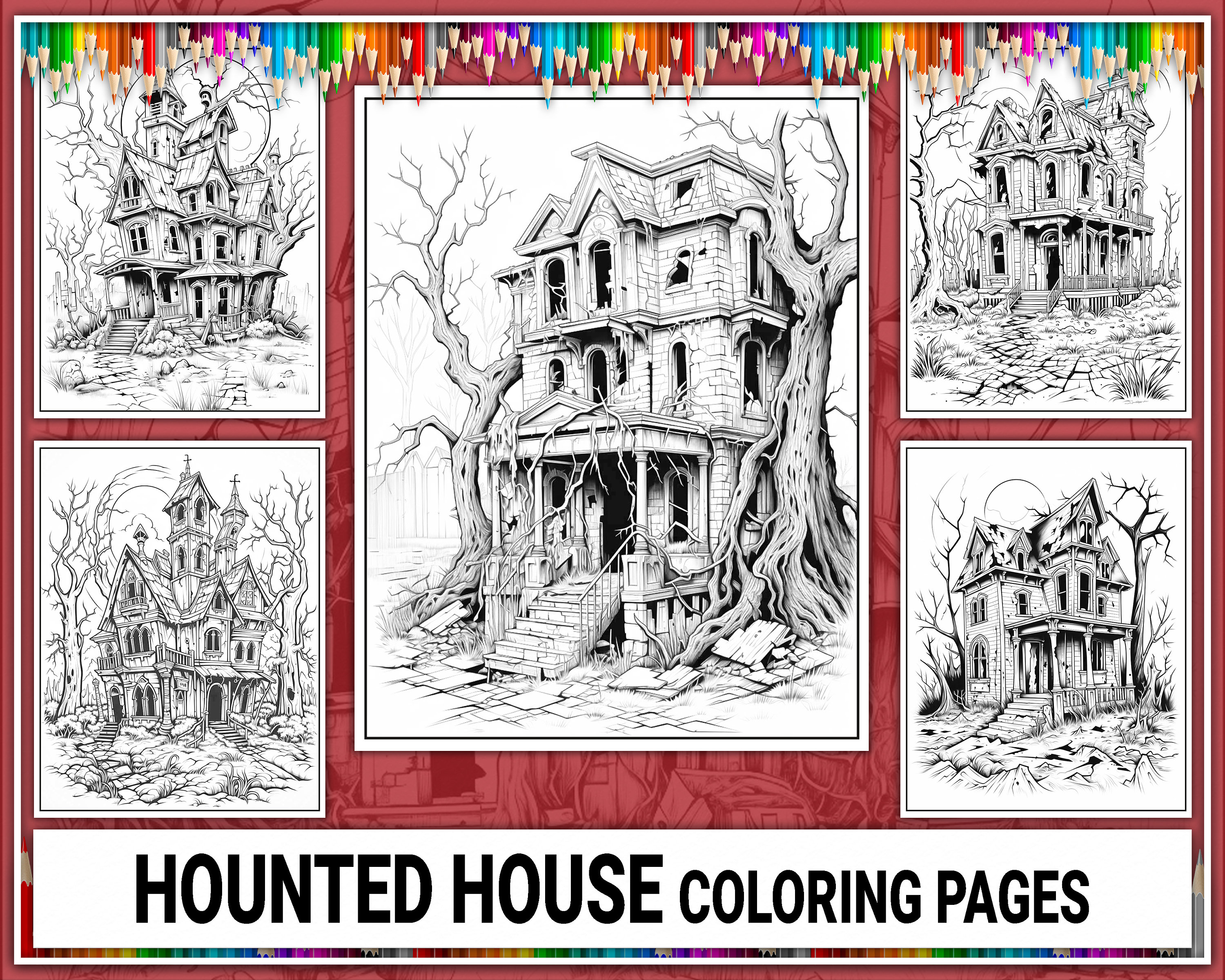 40 Haunted Houses Coloring Pages, Printable Spook House Coloring Book ...