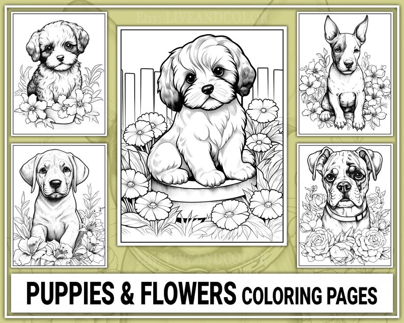 40 Cute Puppies & Flowers Coloring Book Vol.3 Coloring Pages for Kids ...