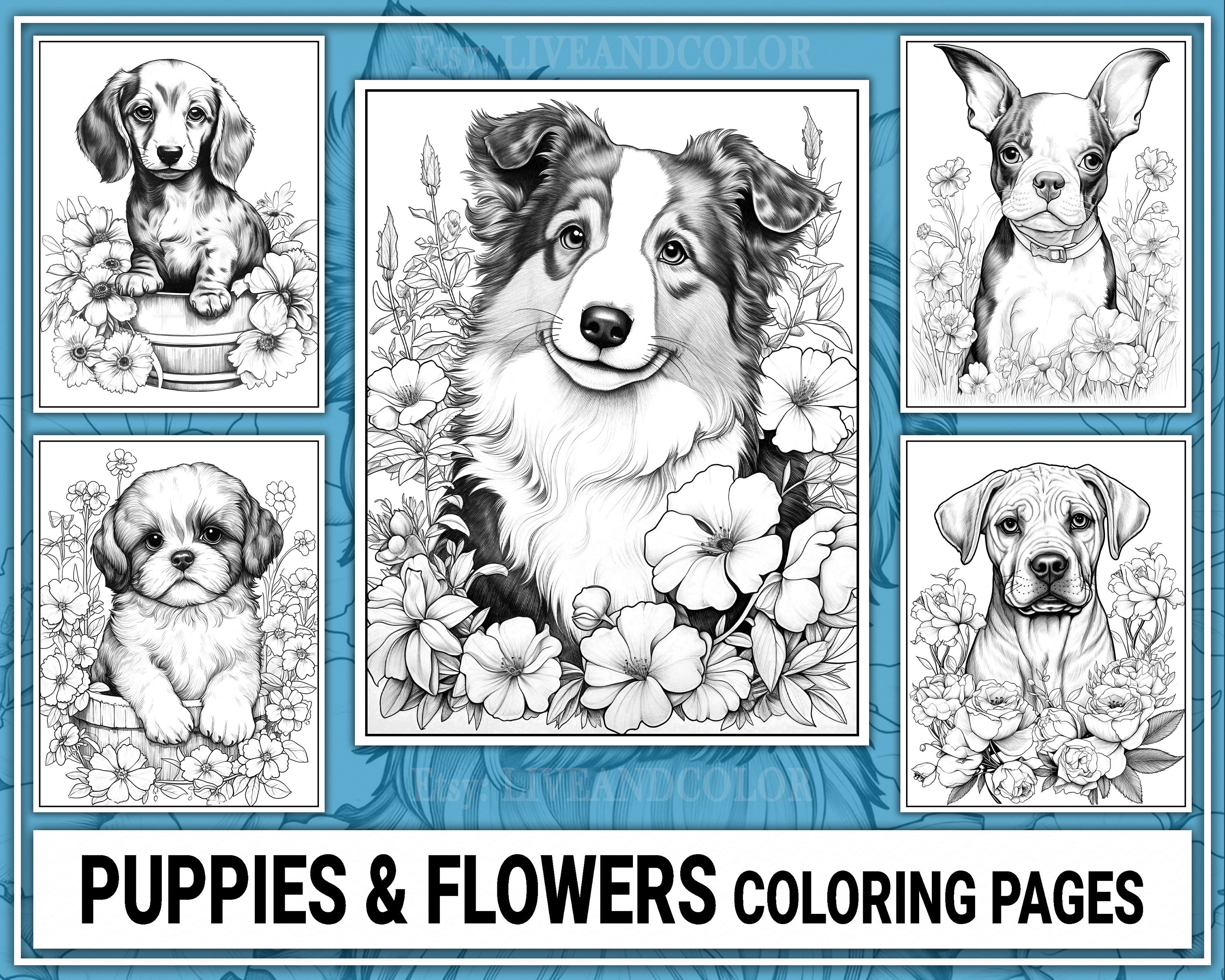 40 Cute Puppies & Flowers Coloring Book Vol.2 Coloring Pages for Kids ...