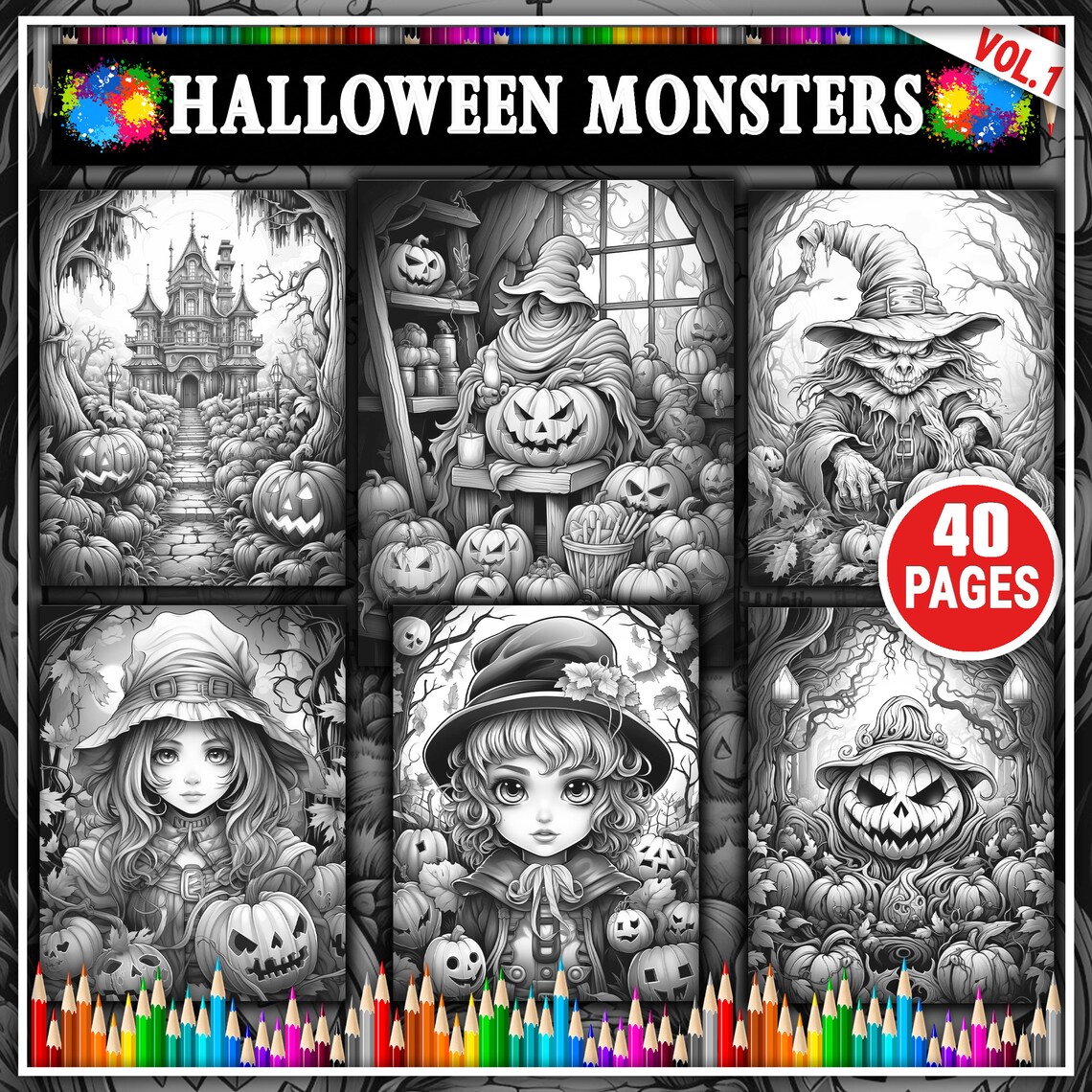 Halloween Monster Coloring Pages. Grayscale Halloween Coloring - Etsy