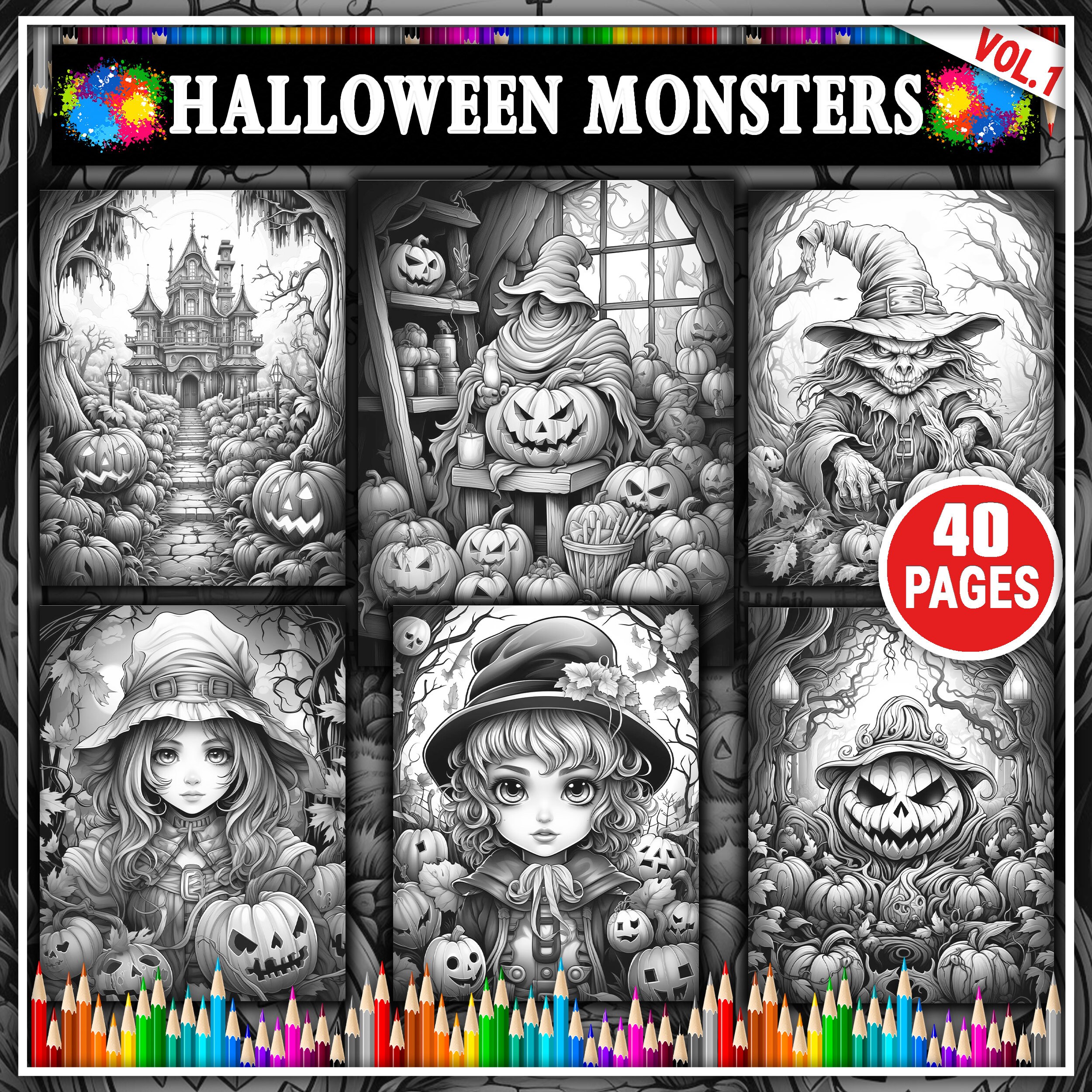 Halloween Monster Coloring Pages. Grayscale Halloween Coloring Sheets ...
