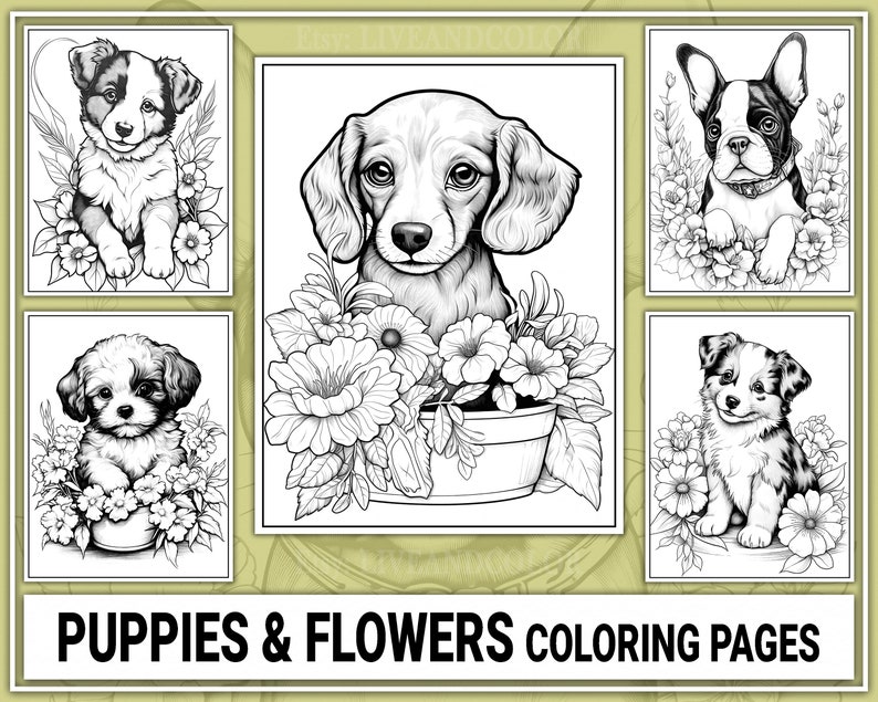 40 Cute Puppies & Flowers Coloring Book Vol.3 Coloring Pages for Kids ...