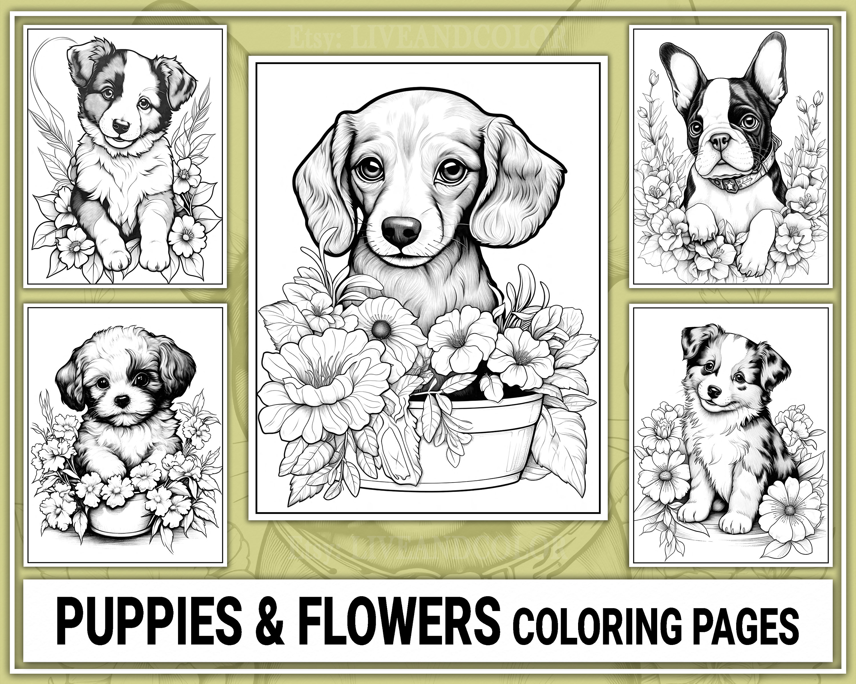 40 Cute Puppies & Flowers Coloring Book Vol.3 Coloring Pages for Kids ...