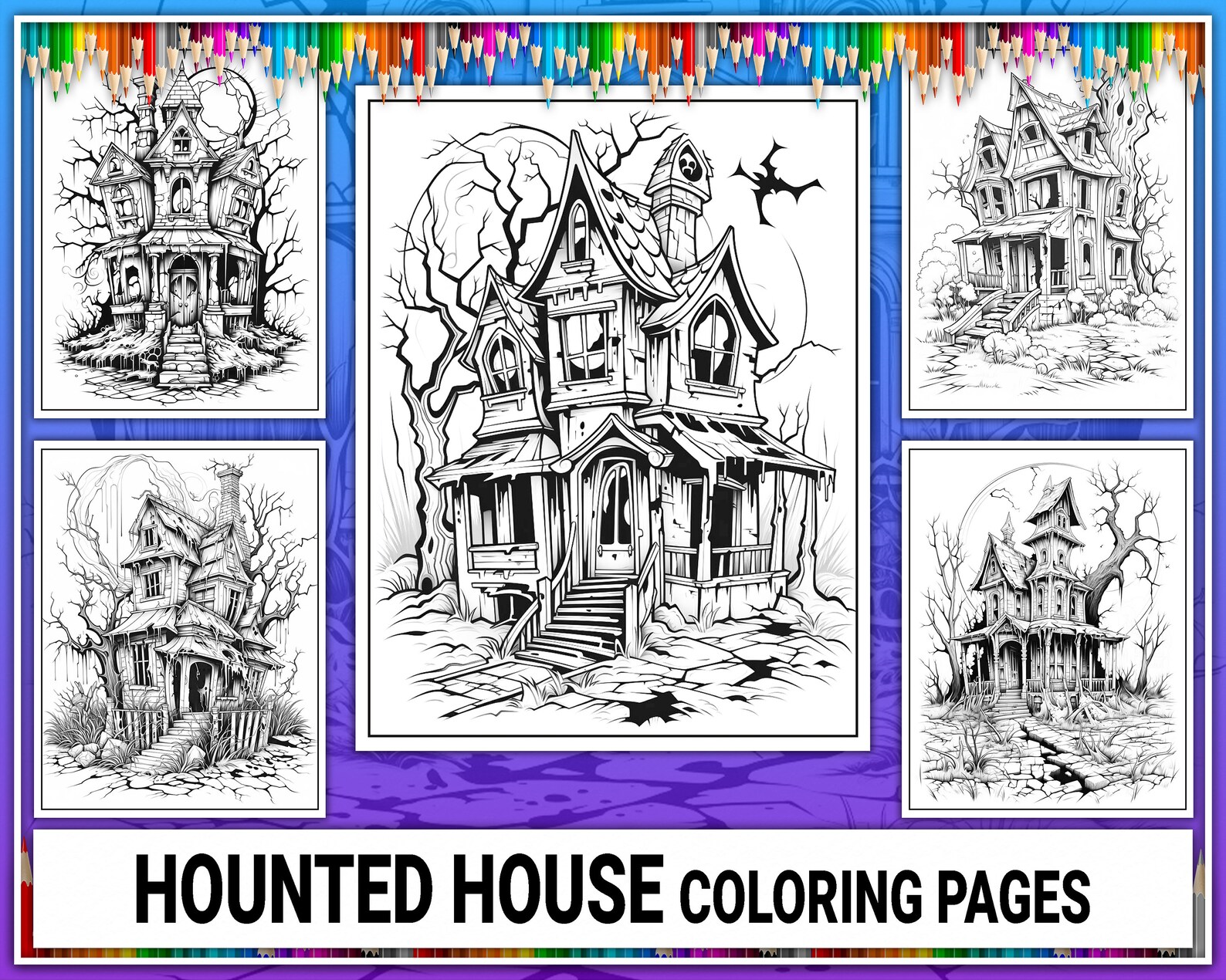 40 Haunted Houses Coloring Pages, Printable Spook House Coloring Book ...