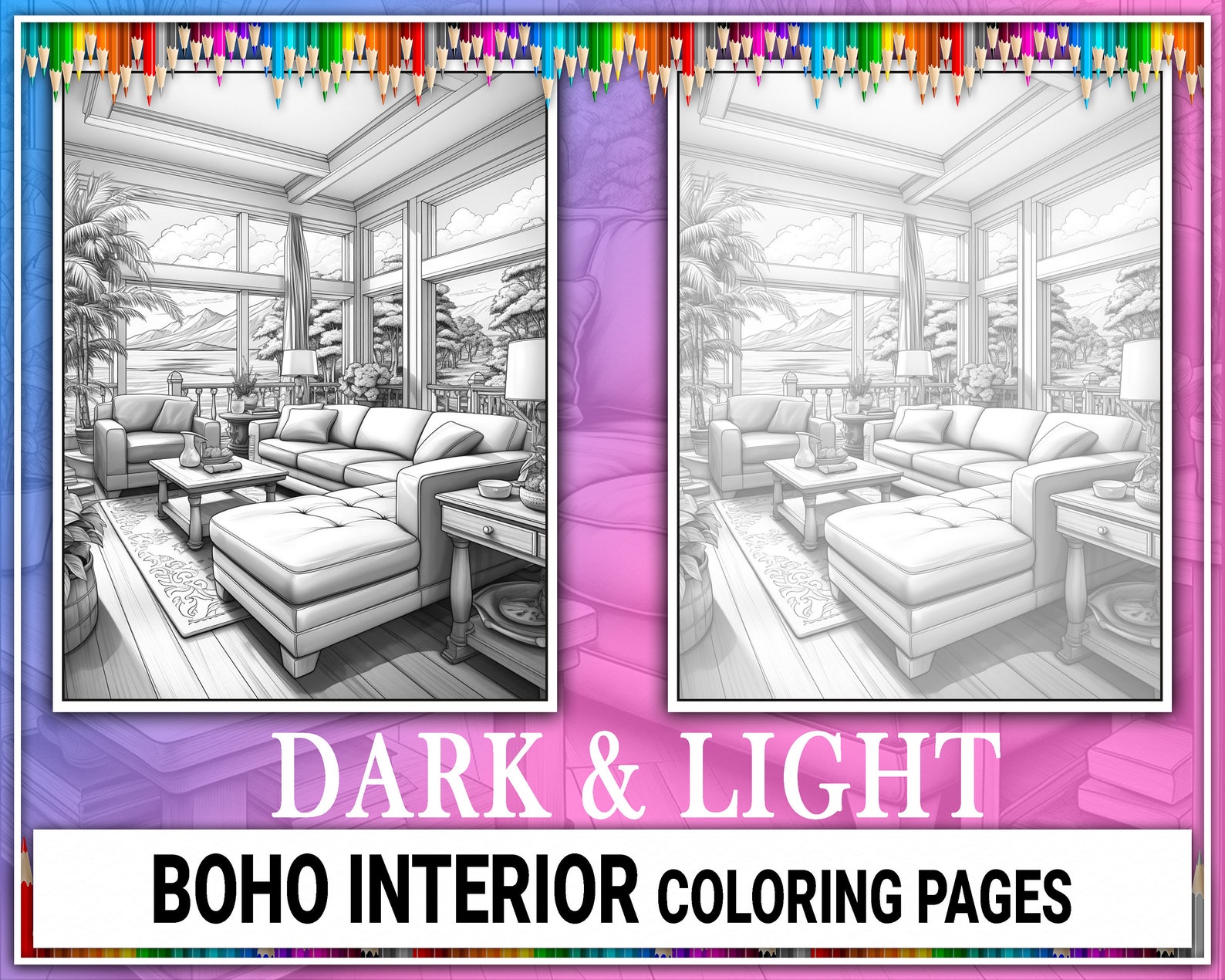 40 Boho Interior Design Coloring Pages. Cozy Room Interior Coloring ...