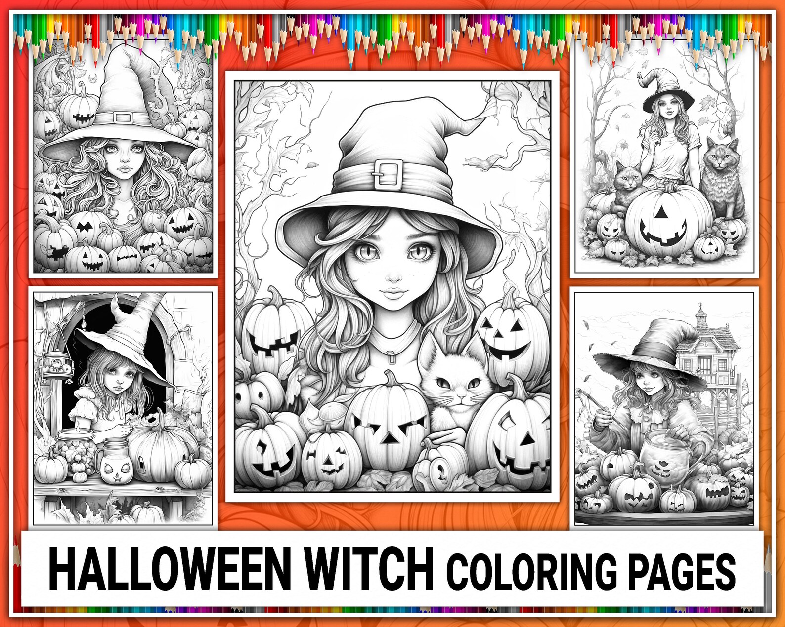 40 Halloween Witch Coloring Pages. Magical Gothic Witches & Cats ...