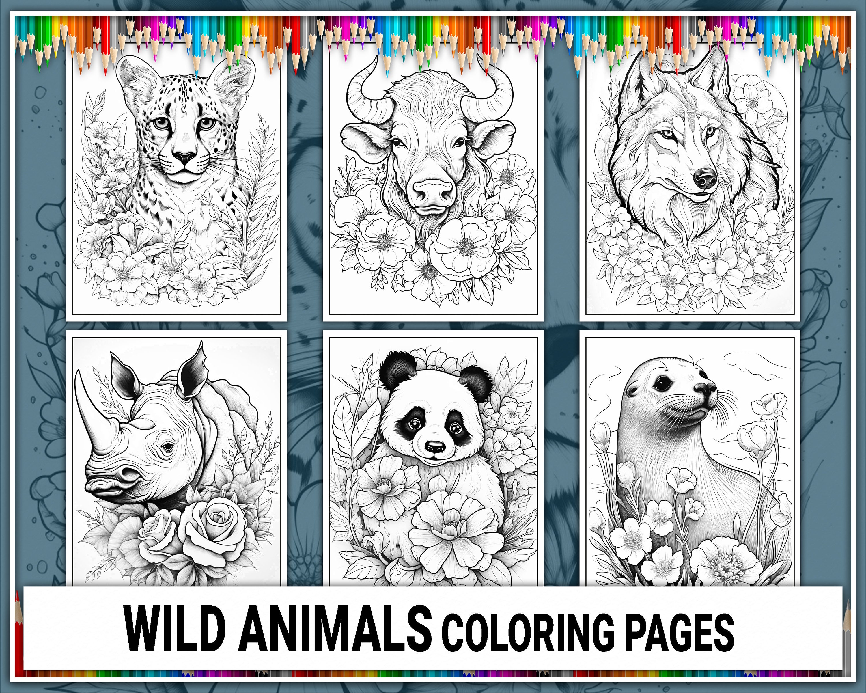 50 Wild Animals & Flowers Coloring Pages. Wild Animals Coloring Book ...