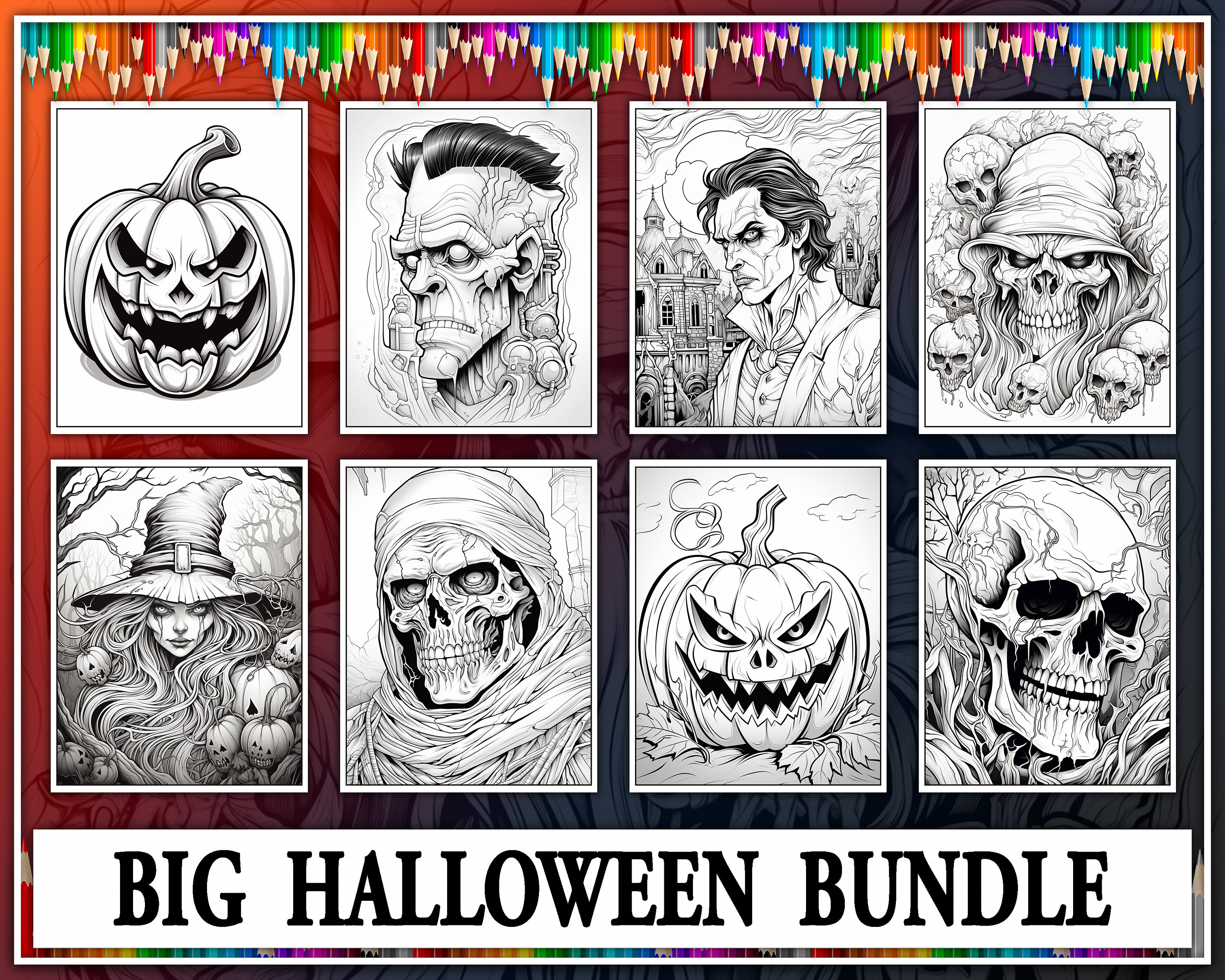 Big Halloween Monster Bundle Coloring Book. High-quality Grayscale ...