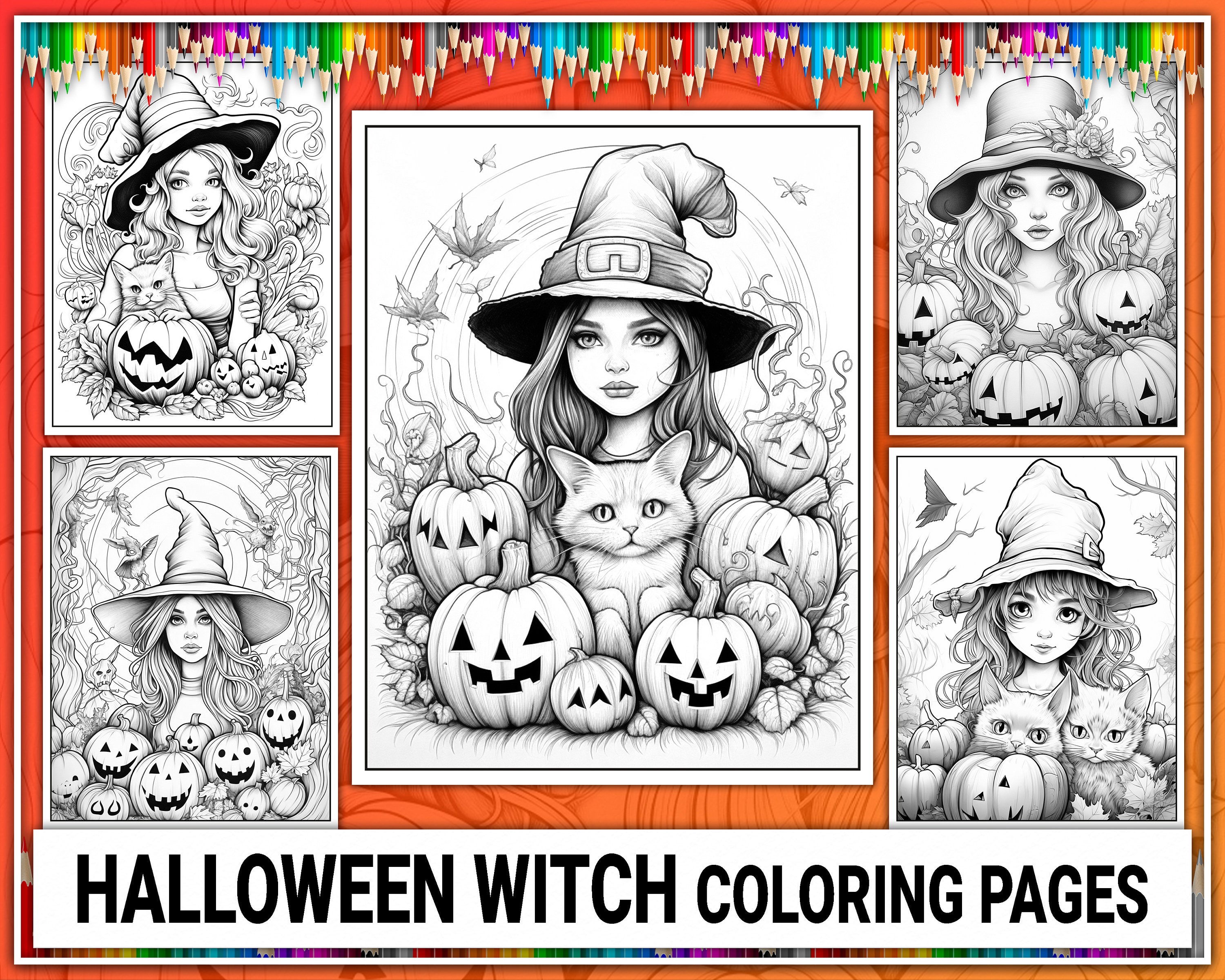 40 Halloween Witch Coloring Pages. Magical Gothic Witches & Cats ...