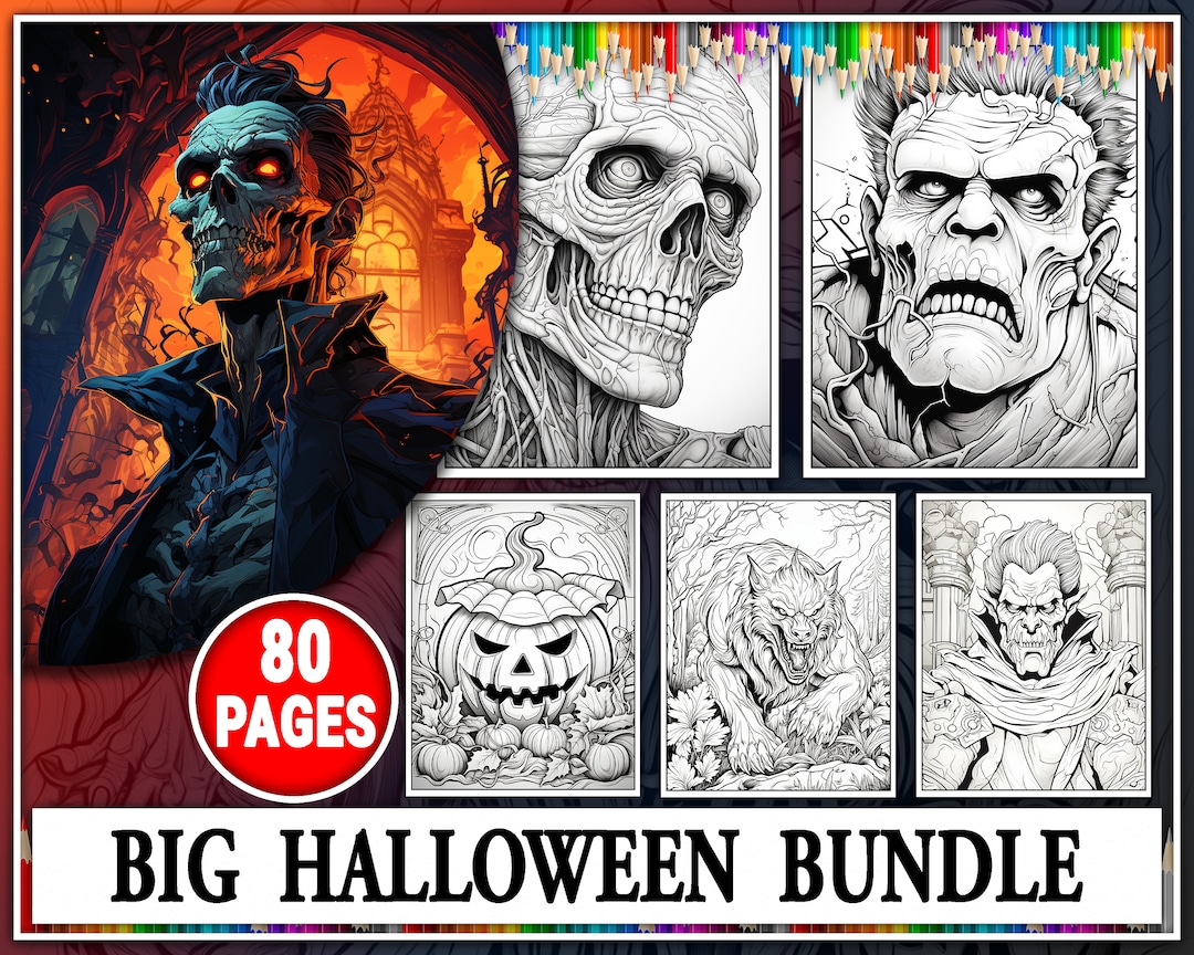 Big Halloween Monster Bundle Coloring Book. High-quality Grayscale ...