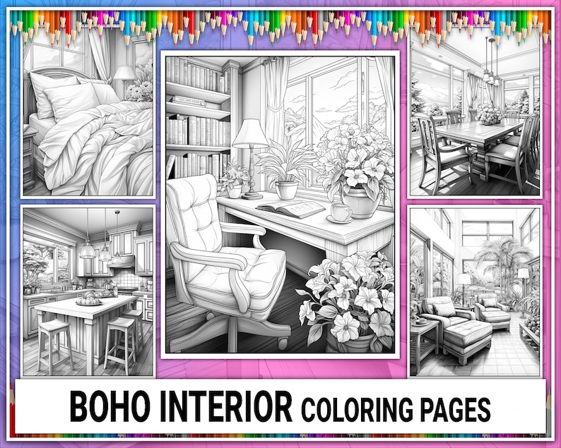 40 Boho Interior Design Coloring Pages. Cozy Room Interior Coloring ...
