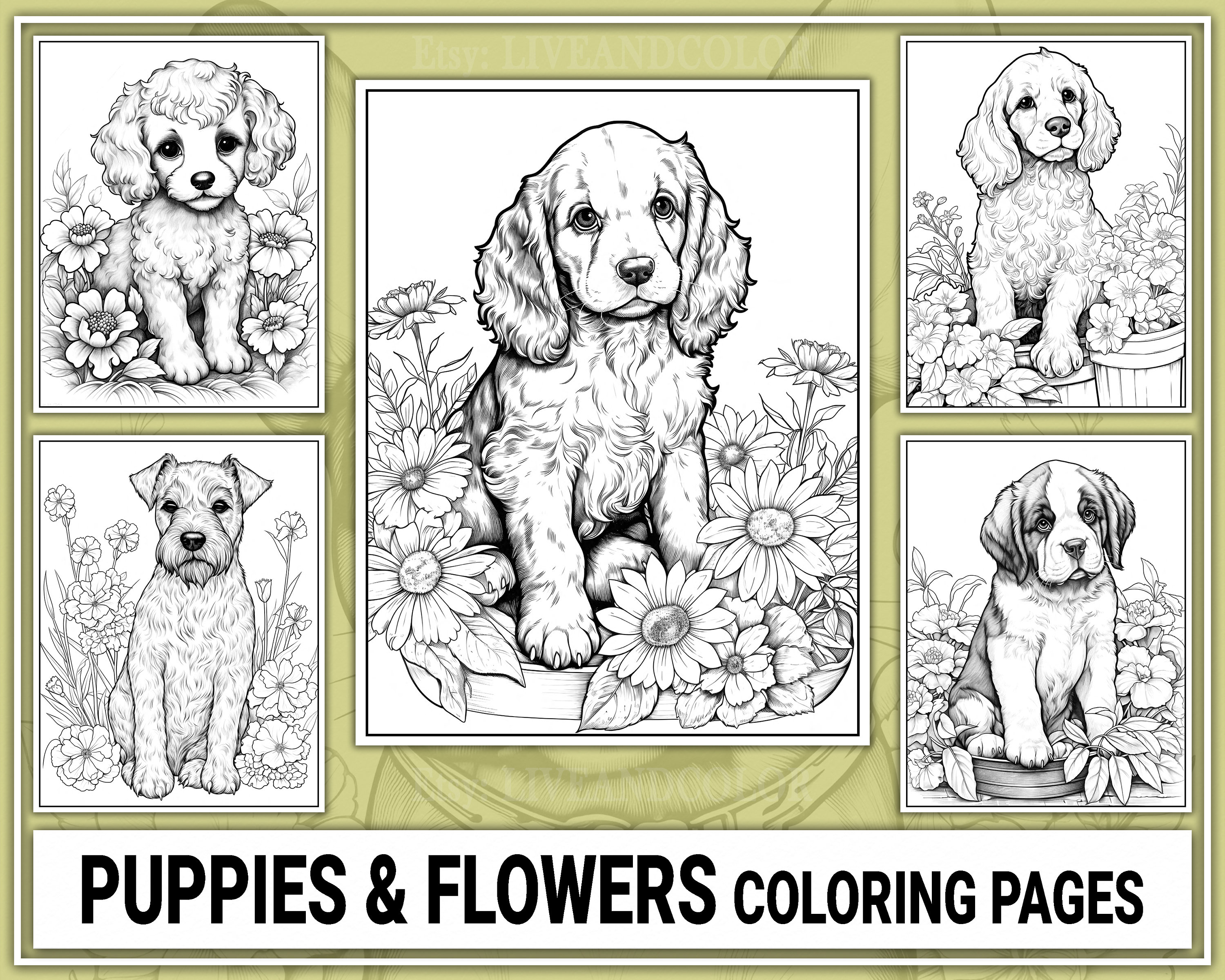 40 Cute Puppies & Flowers Coloring Book Vol.3 Coloring Pages for Kids ...