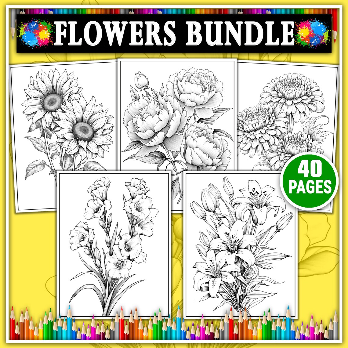 40 Flower Coloring Pages. Printable Floral Coloring Book. Grayscale ...