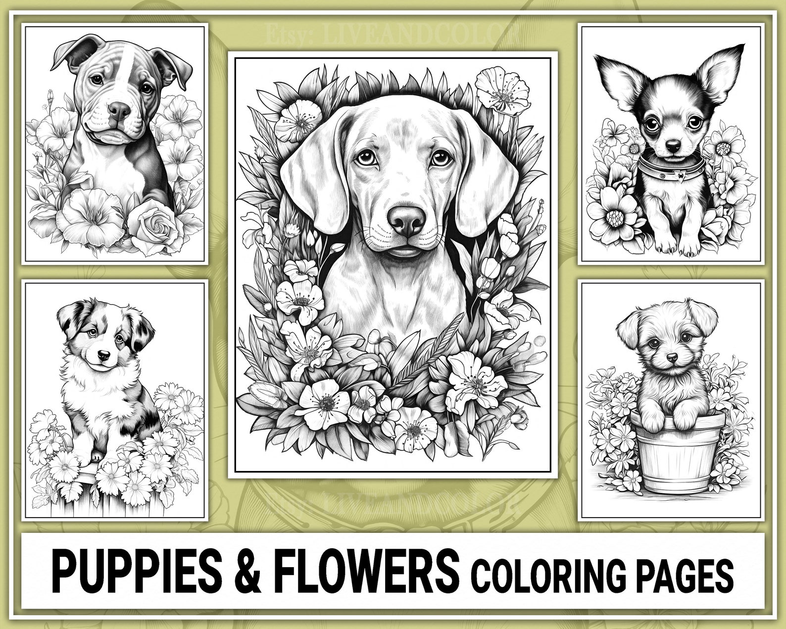40 Cute Puppies & Flowers Coloring Book Vol.3 Coloring Pages for Kids ...